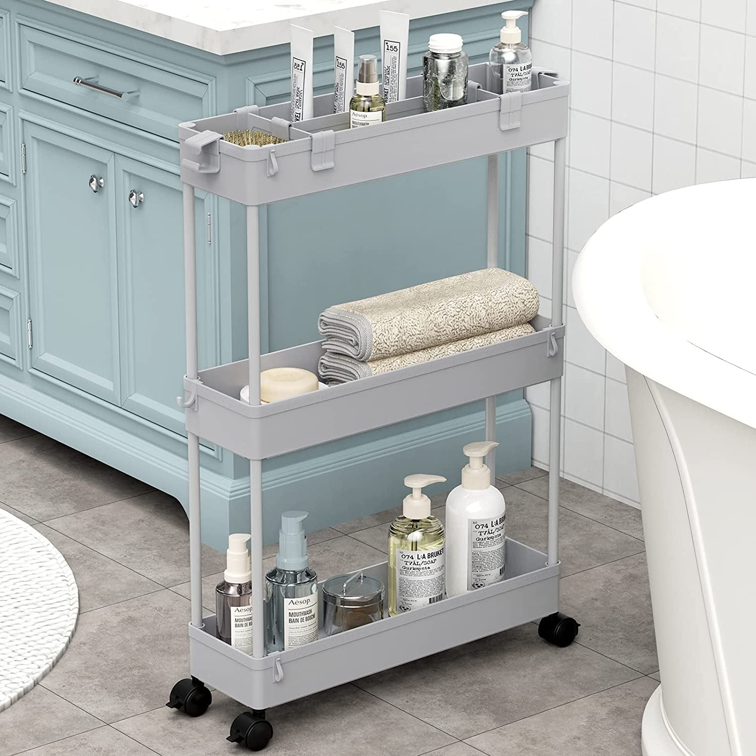 Slim Storage Cart,3 Tier Bathroom Rolling Utility Cart Storage ...