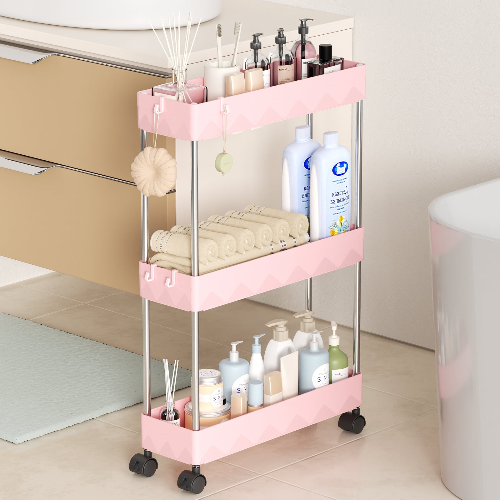 Slim Storage Cart 3 Tier Slim Cart, Bathroom Rolling Utility Cart ...