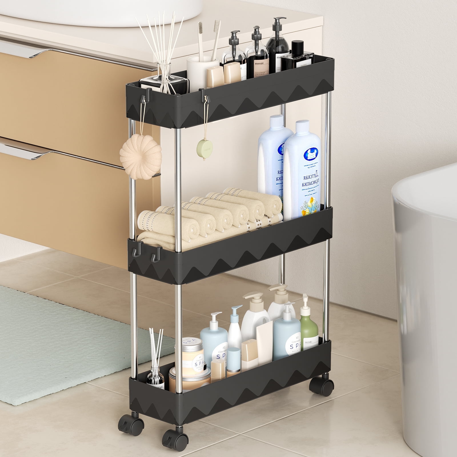 Cshidworld Storage Cart 3 Tier Slim Cart, Rolling Utility Cart Storage ...