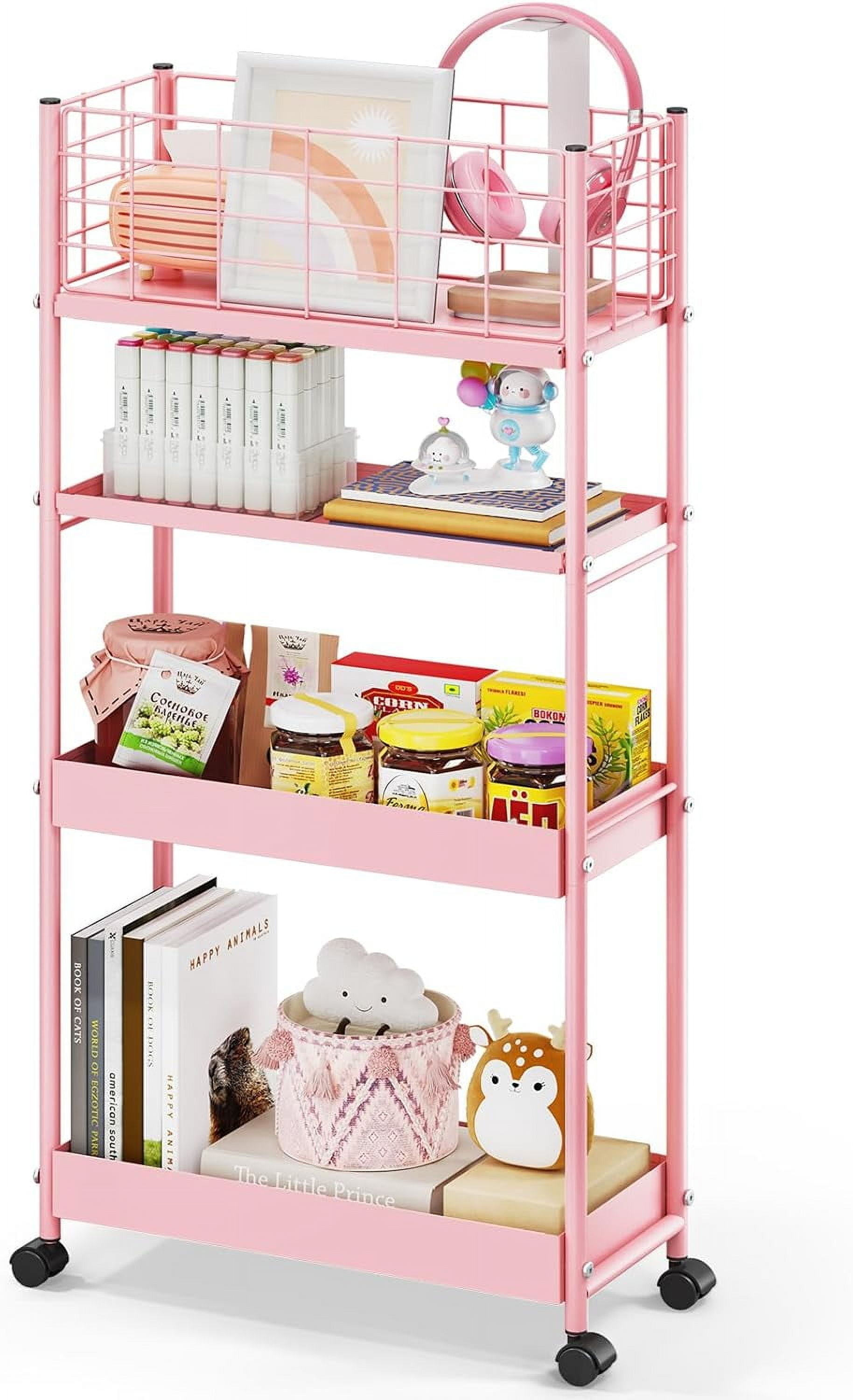 Slim Storage Cart, 4-Tier Metal Utility Rolling Cart with Wheels ...