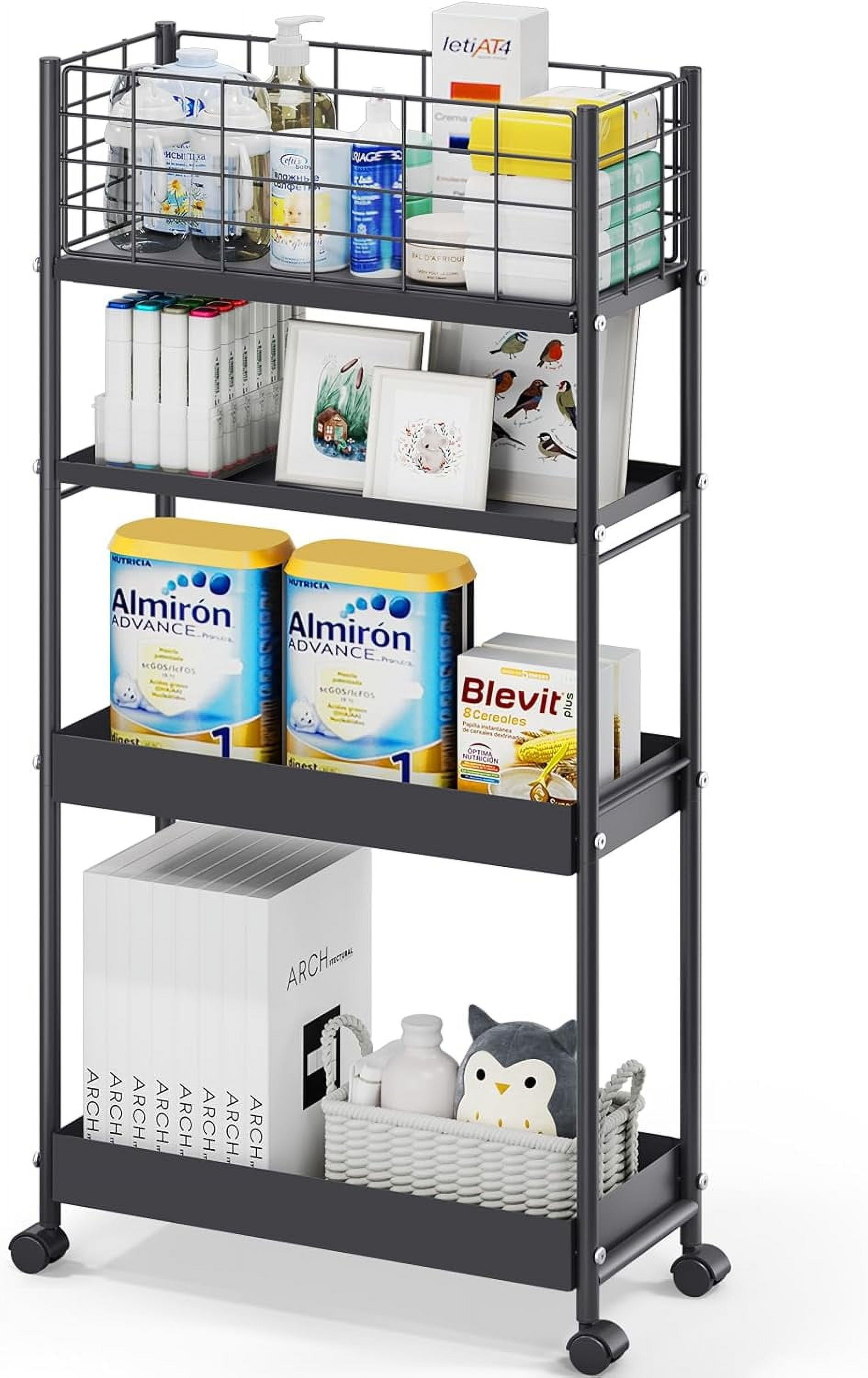Slim Storage Cart, 4-Tier Metal Utility Rolling Cart with Wheels ...