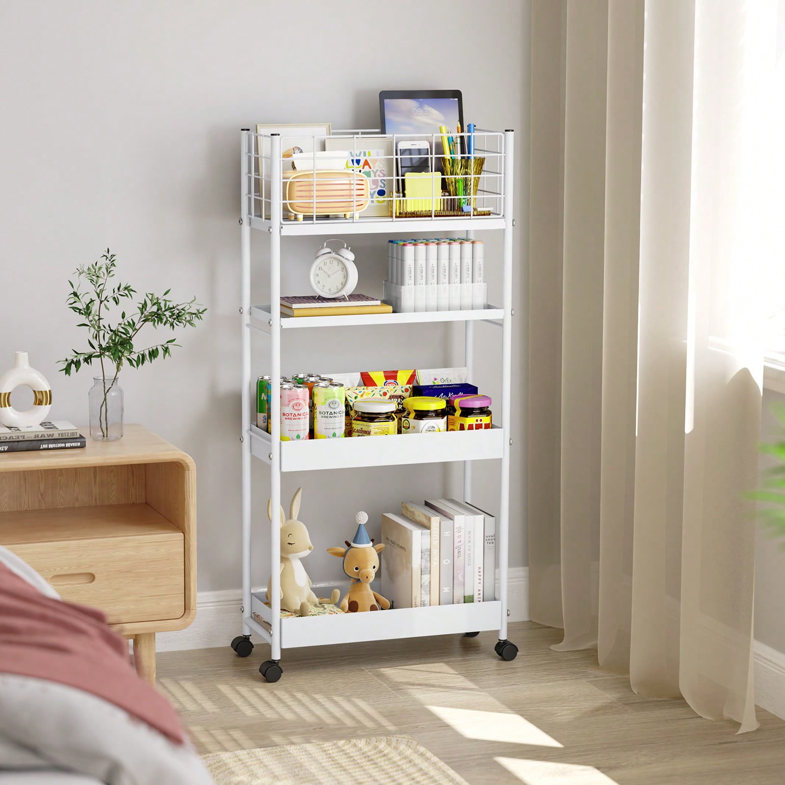 Slim Storage Cart,4-Tier Metal Utility Rolling Cart With Wheels,Slide ...