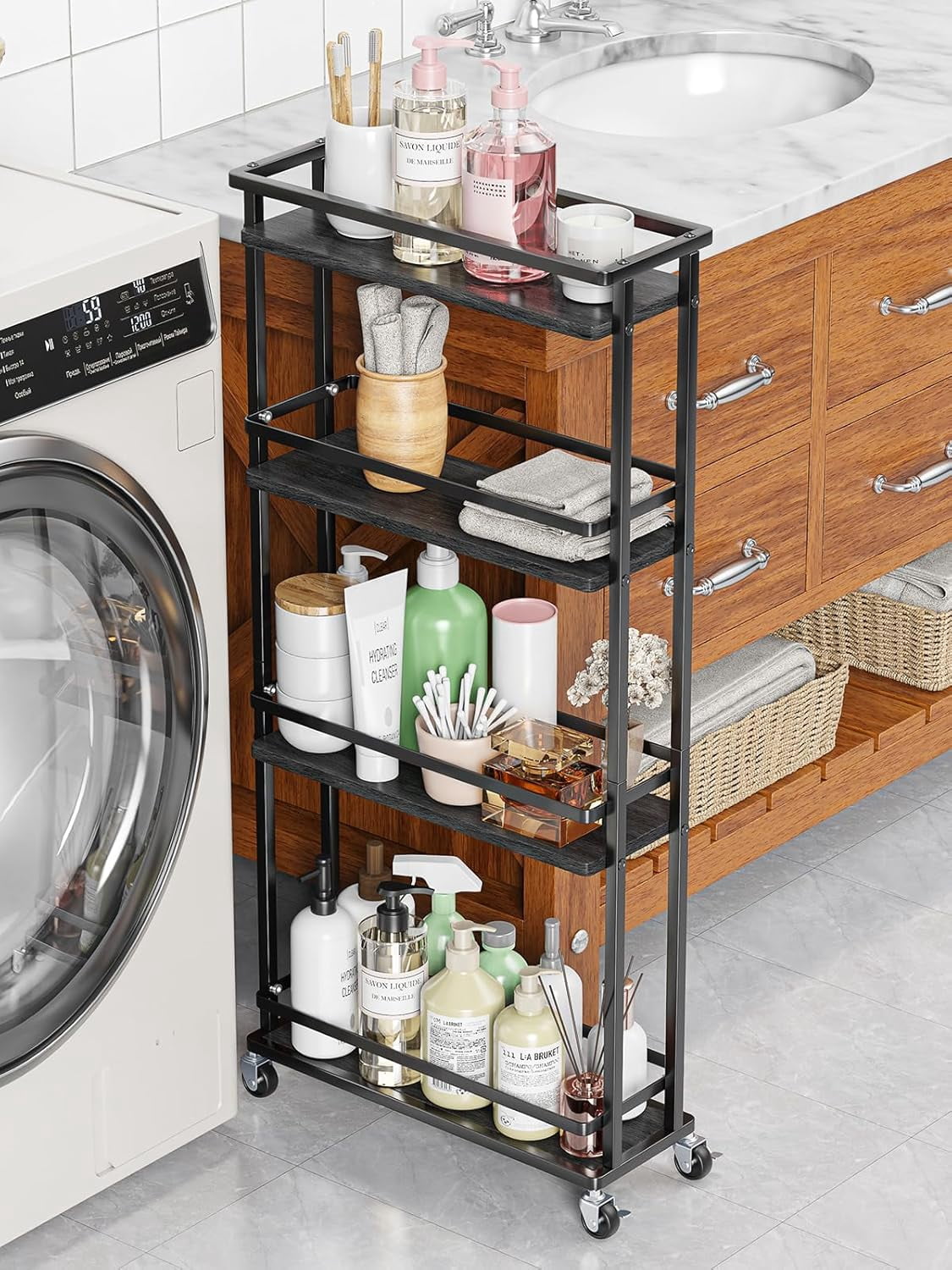 Slim Storage Cart 4 Tier Narrow Kitchen Rolling Cart on Wheels for ...