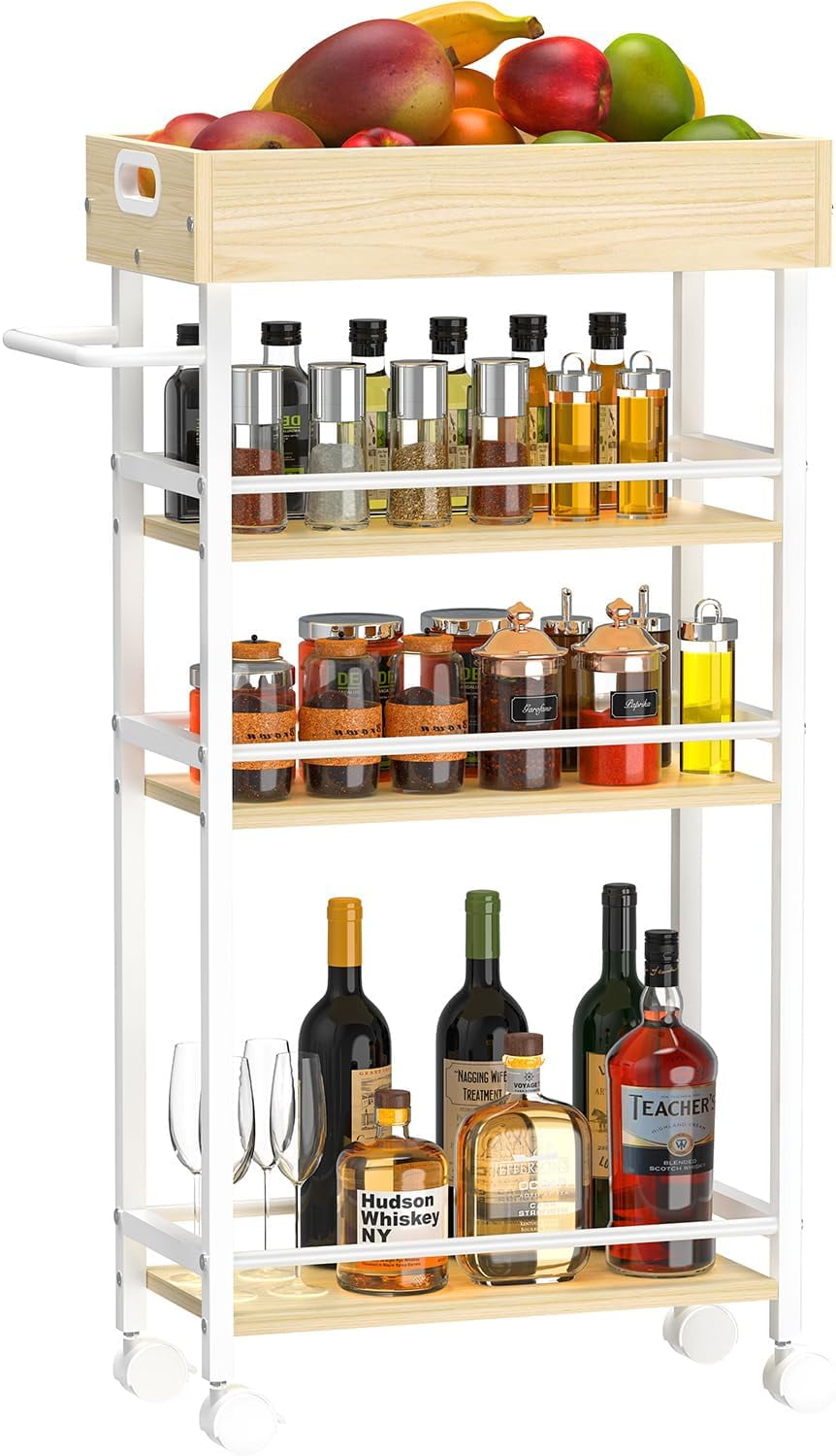 Slim Storage Cart, 4 Tier Rolling Cart with Handle, Kitchen Cart on ...