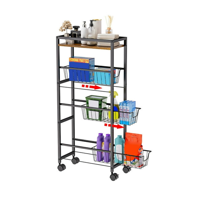 Slim Storage Cart, 4 Tier Slim Rolling Storage Cart With Wheels & Wood ...