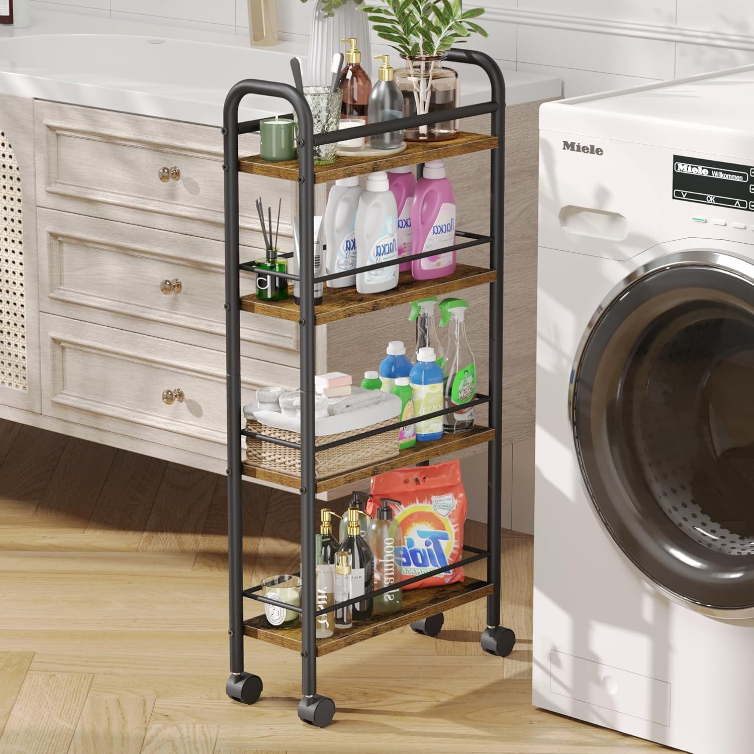 Slim Storage Cart, 4 Tier Rolling Utility Cart on Wheels, Slim Bathroom ...