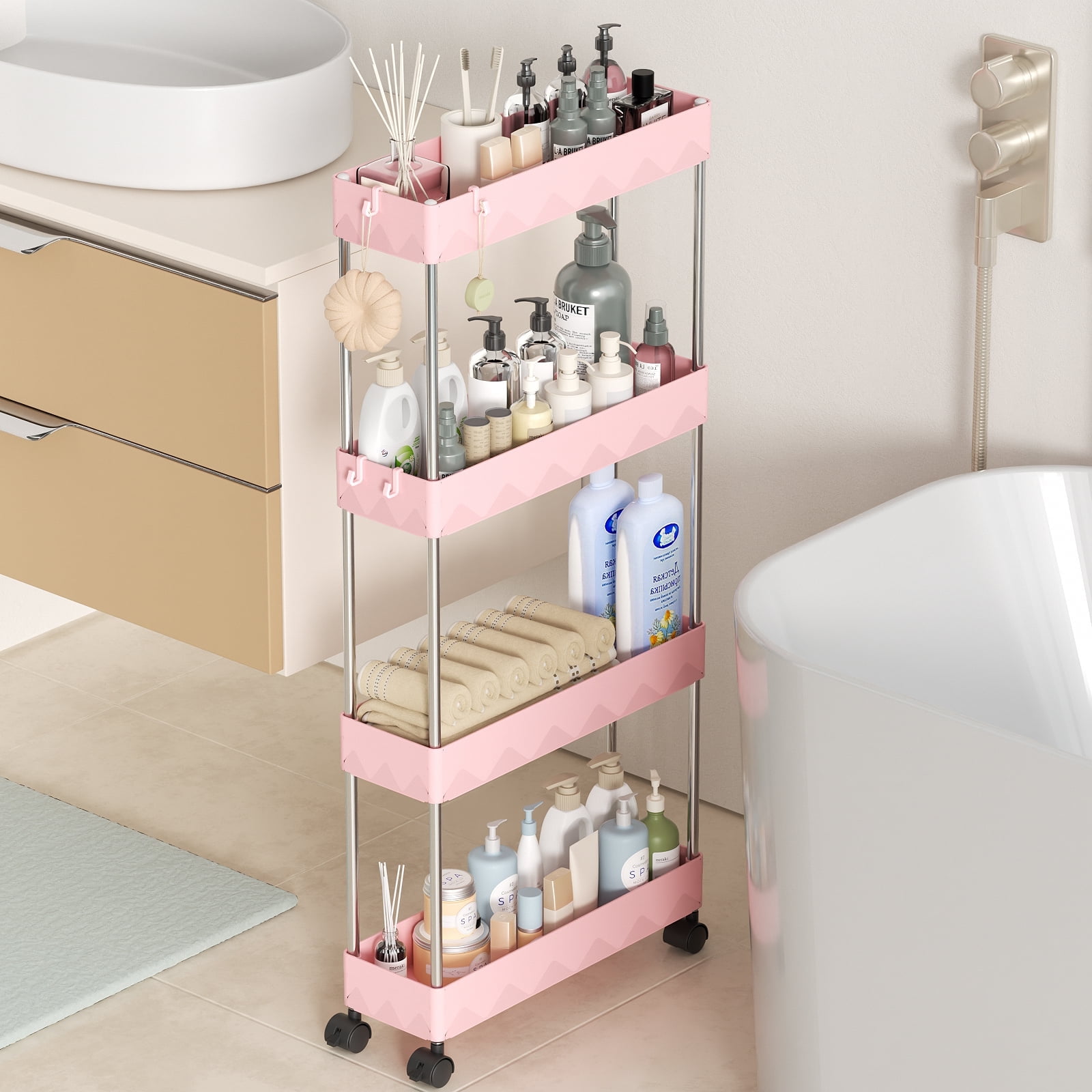 Cshidworld Storage Cart 4 Tier Slim Cart, Rolling Utility Cart Storage ...