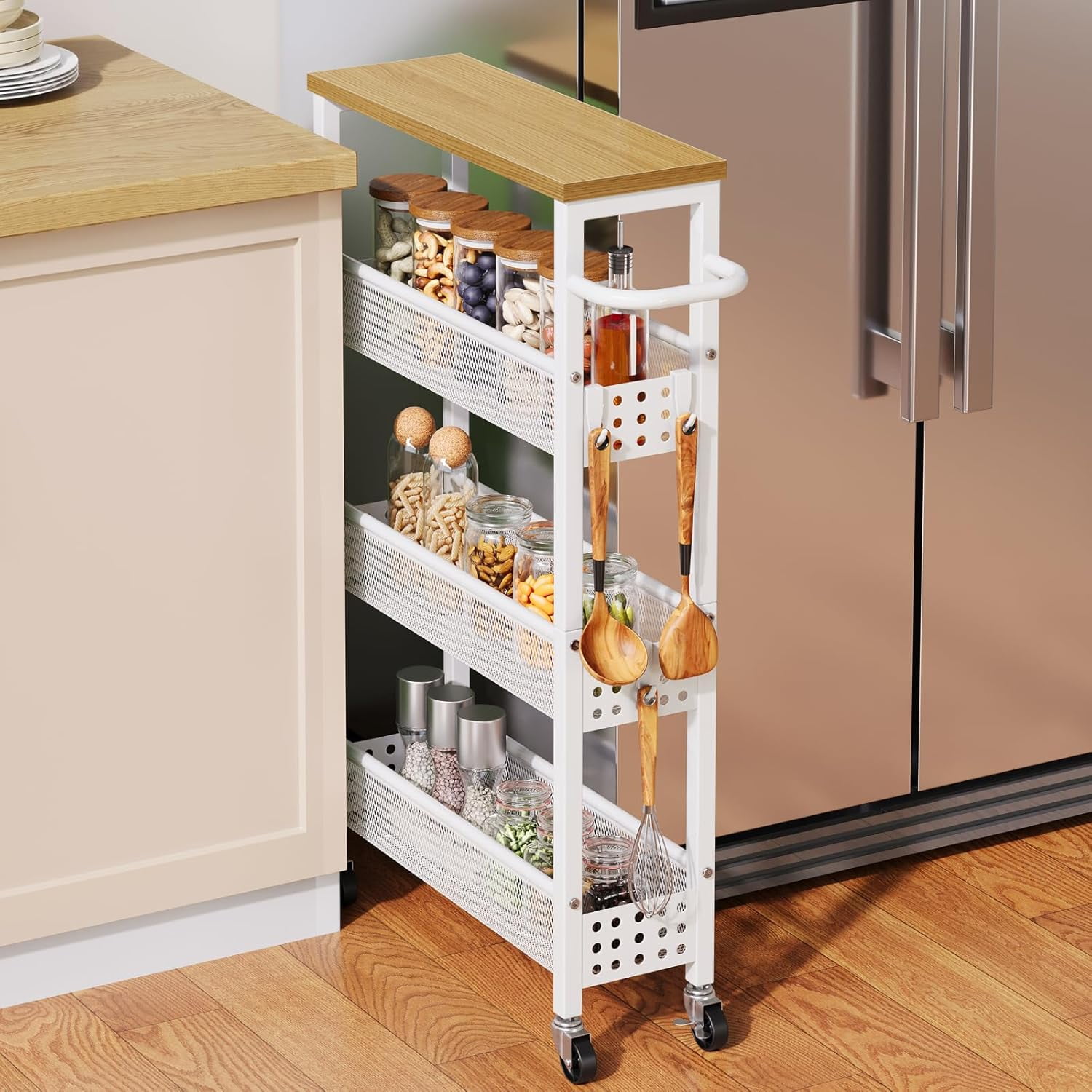 Slim Storage Cart, 4 Tier Small Rolling Kitchen Laundry Room Cart with ...