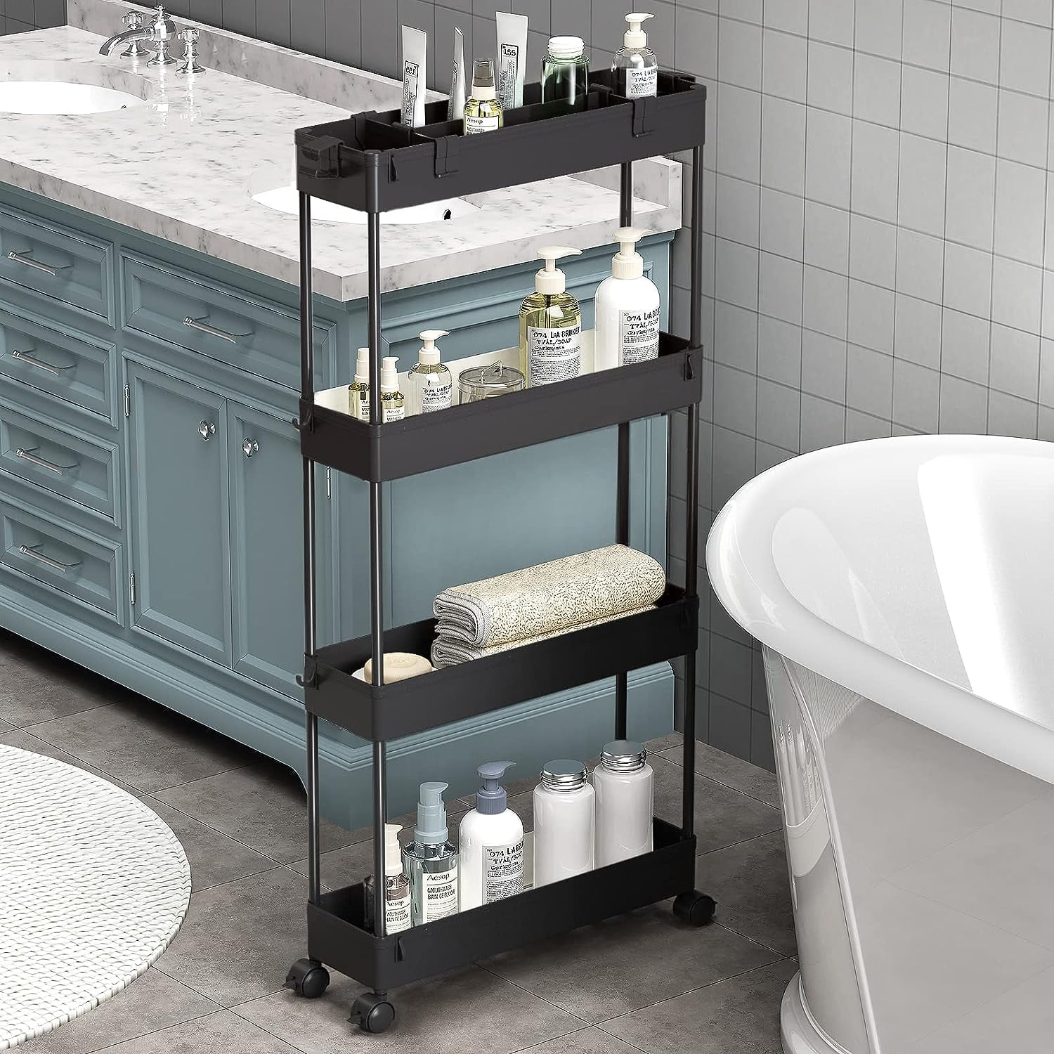 Slim Storage Cart 4 Tier, Storage Organizer Rolling Utility/ Mobile ...