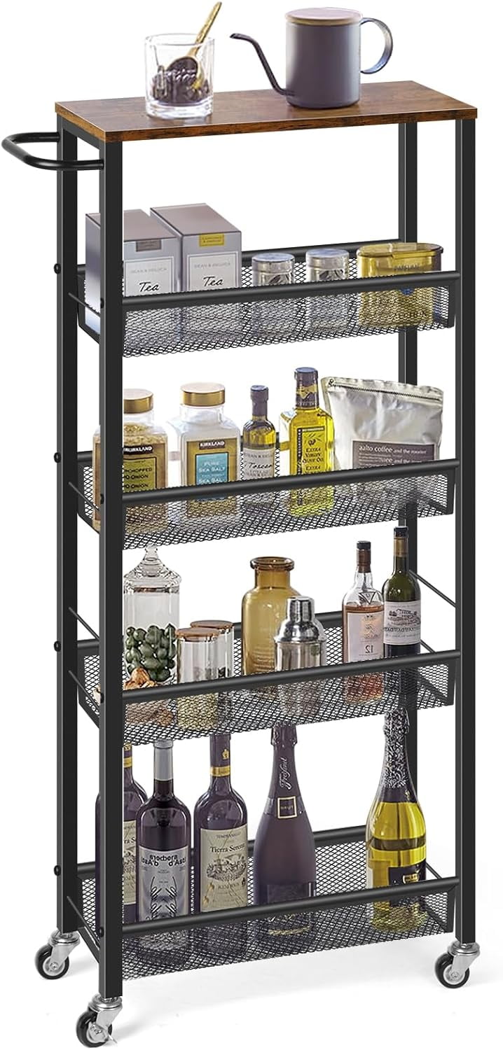 Slim Storage Cart, 5 Tier Kitchen Rolling Carts with Wheels, Metal ...