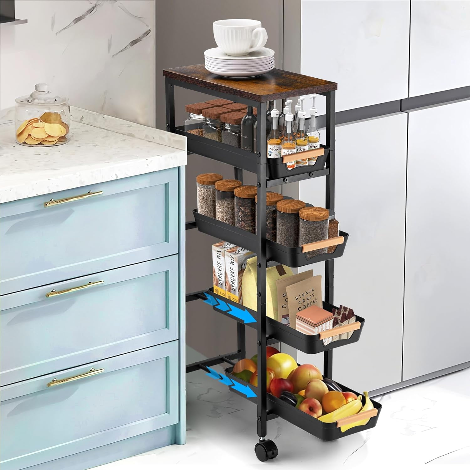 Slim Storage Cart, 5-Tier Narrow Rolling Kitchen Laundry Room Cart with ...