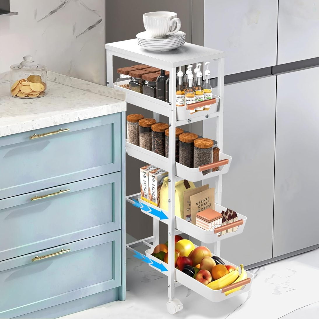 Slim Storage Cart, 5-Tier Narrow Rolling Kitchen Laundry Room Cart with ...
