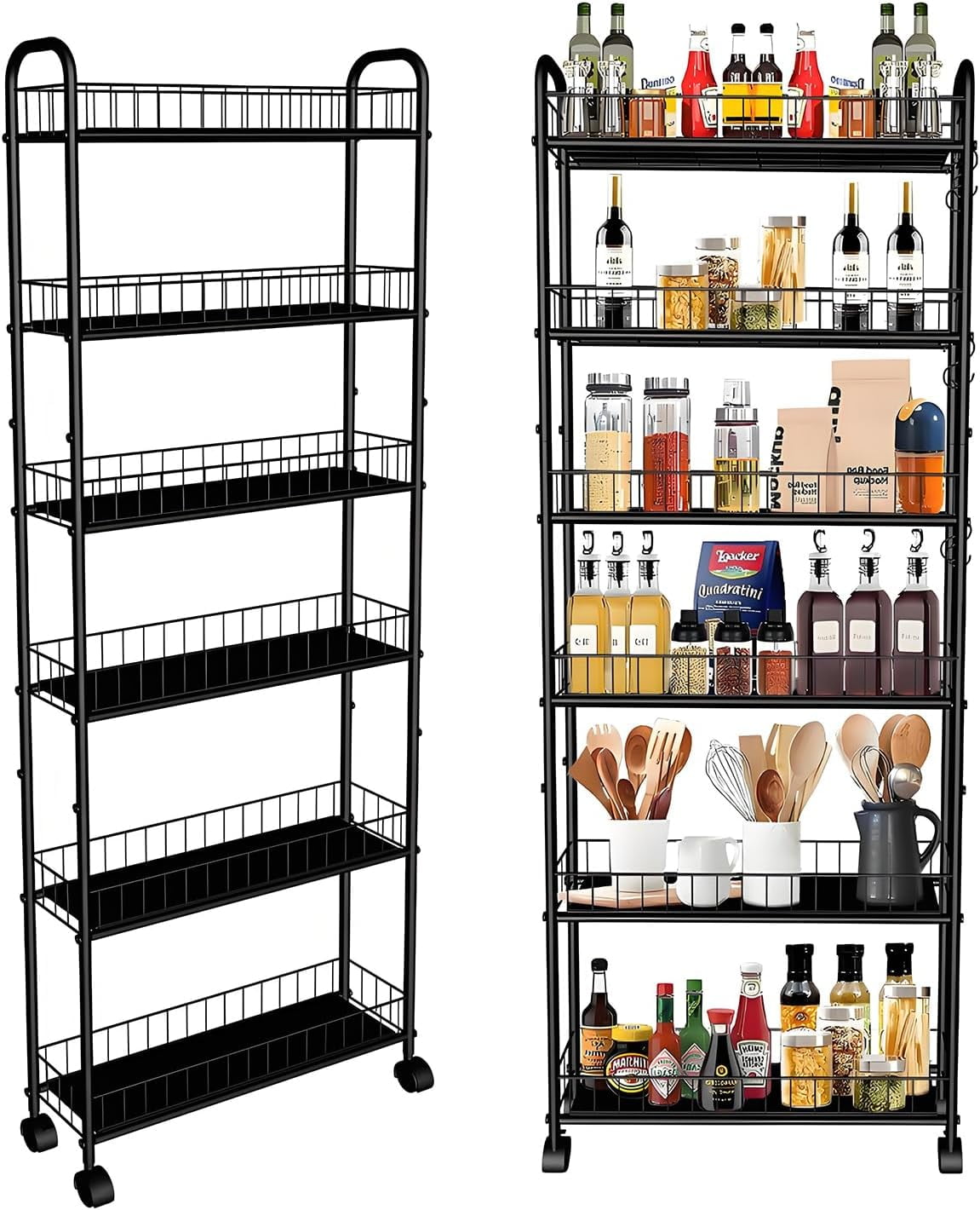 Slim Storage Cart, 6-Tier 6in Black Narrow Rolling Shelf，Sturdy Slim ...