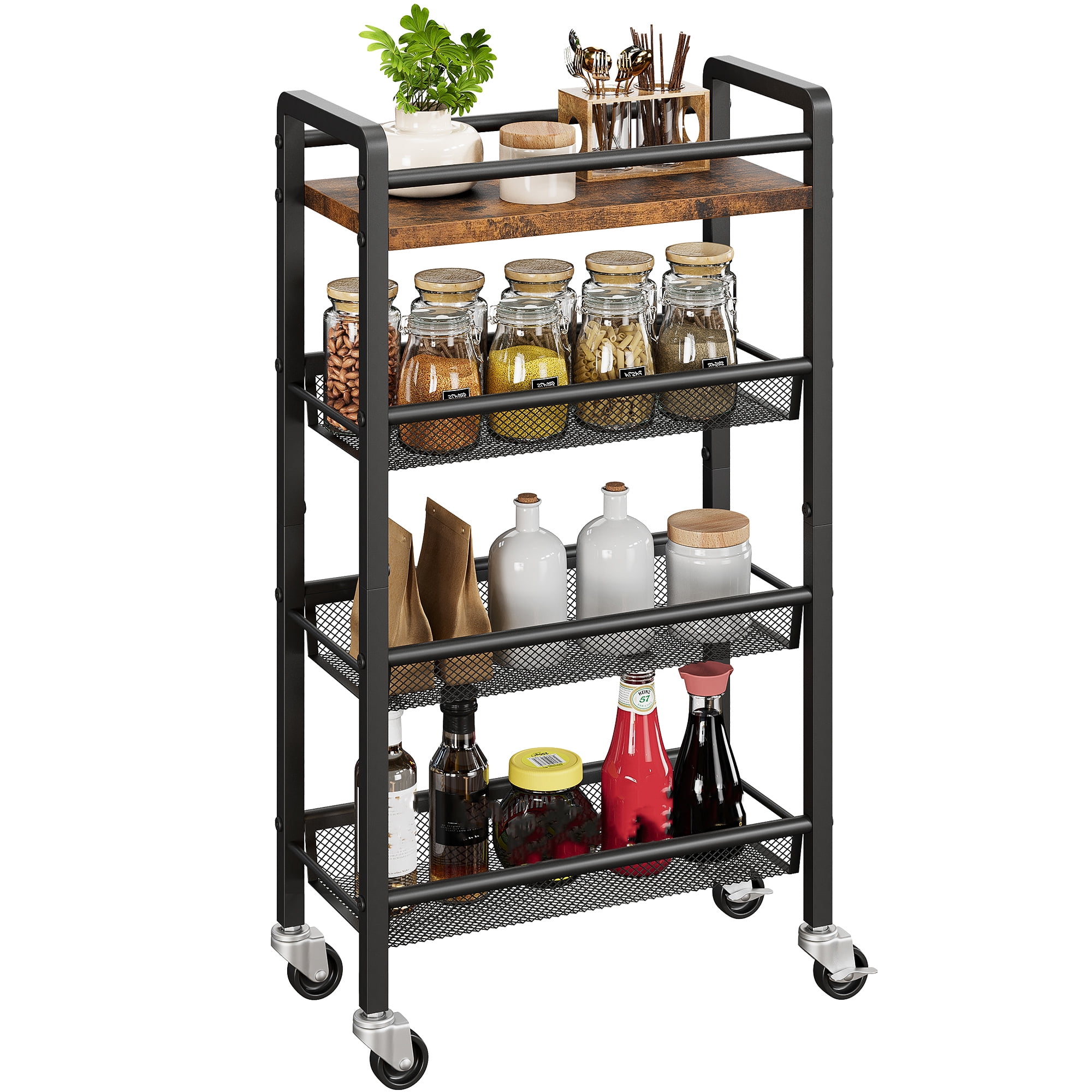 Slim Storage Cart with Handle and Lockable Casters,4 Tier Kitchen ...