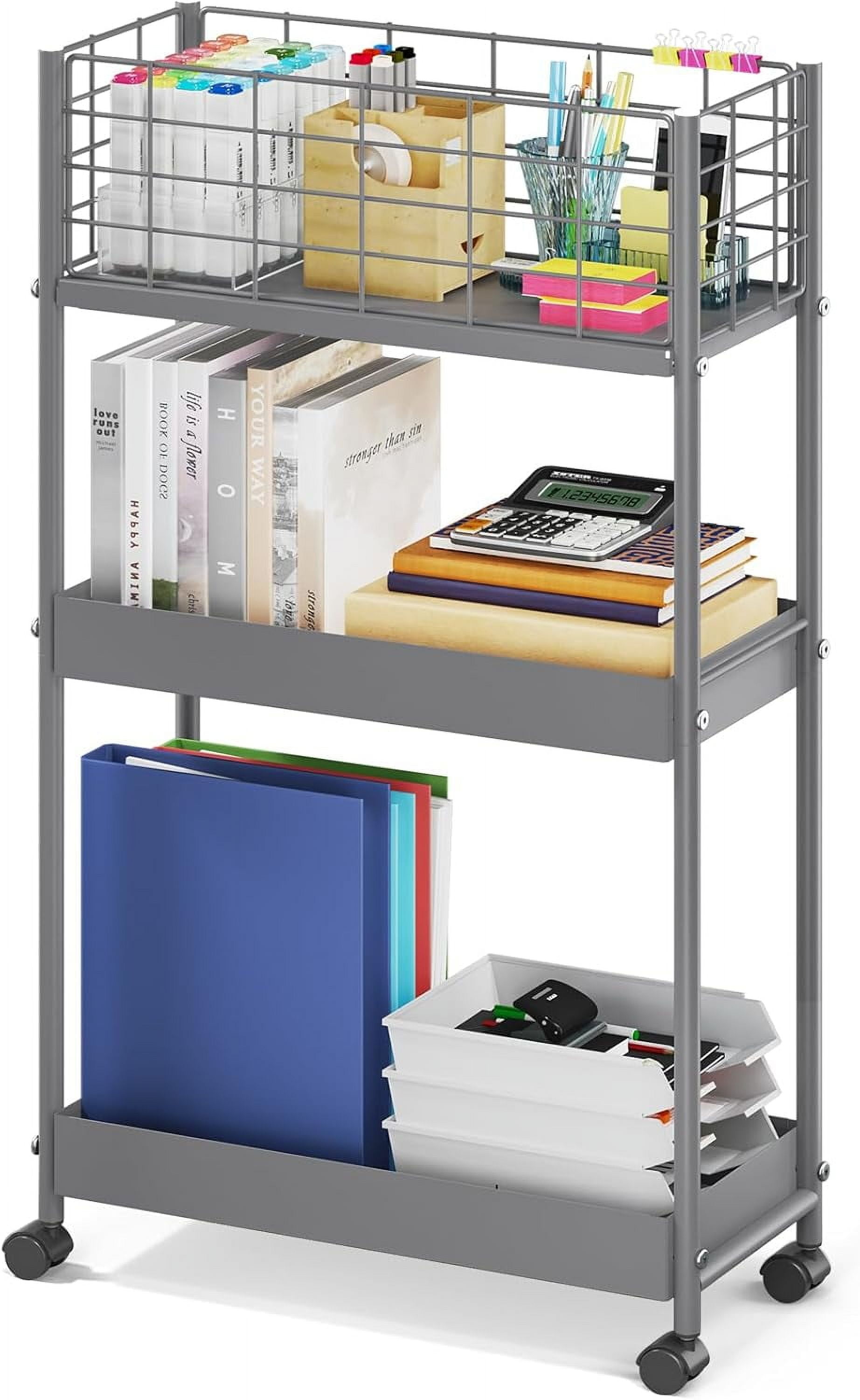 Slim Storage Rolling Cart, 3-Tier Metal Utility Cart with Wheels ...