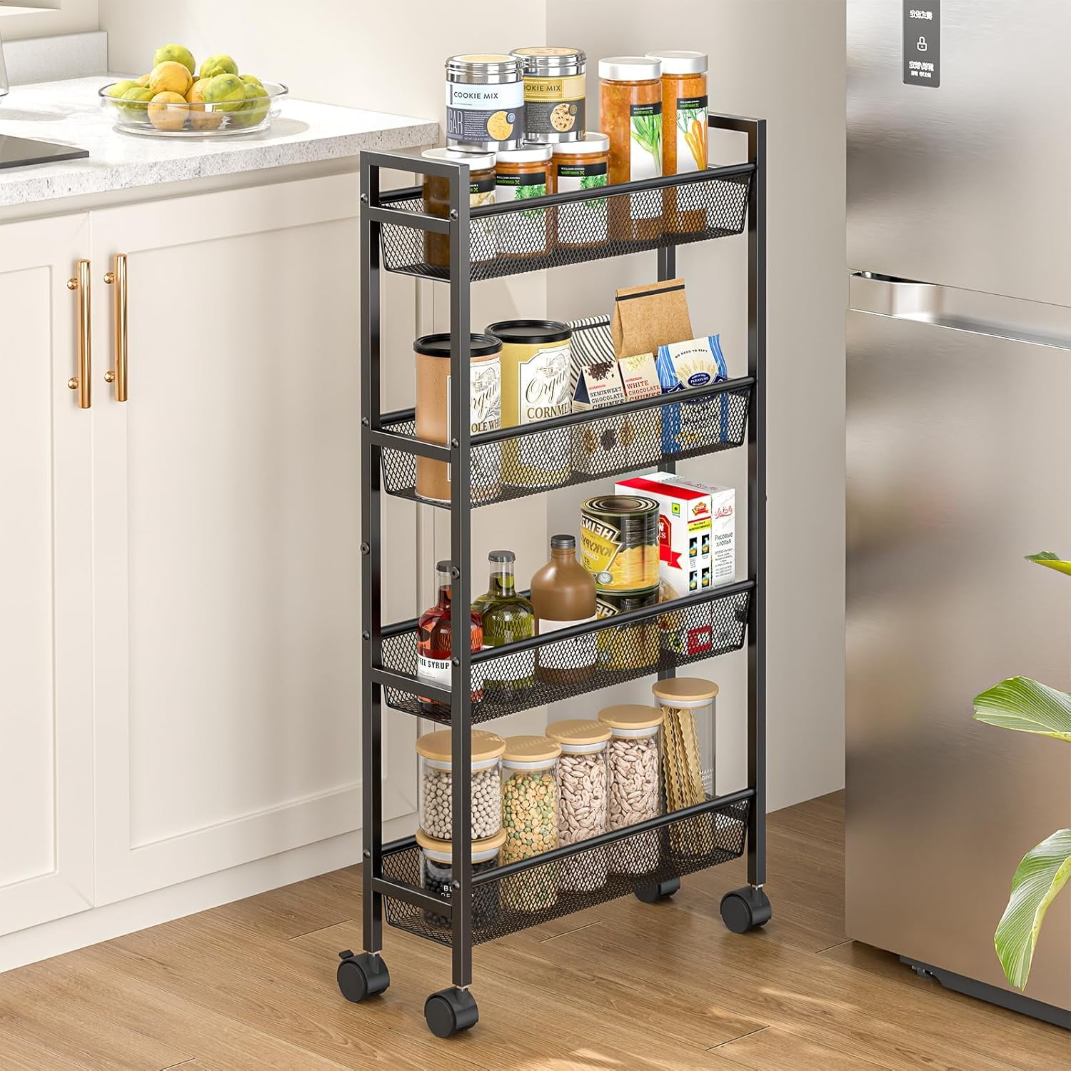 Slim Storage Rolling Cart,4 Tier Narrow Cart with Wheels, Metal Kitchen ...