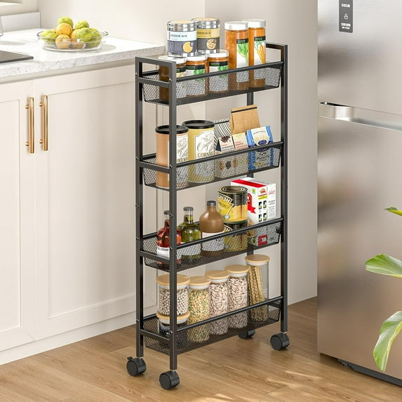 Slim Storage Rolling Cart,4 Tier Narrow Cart with Wheels, Metal Kitchen ...