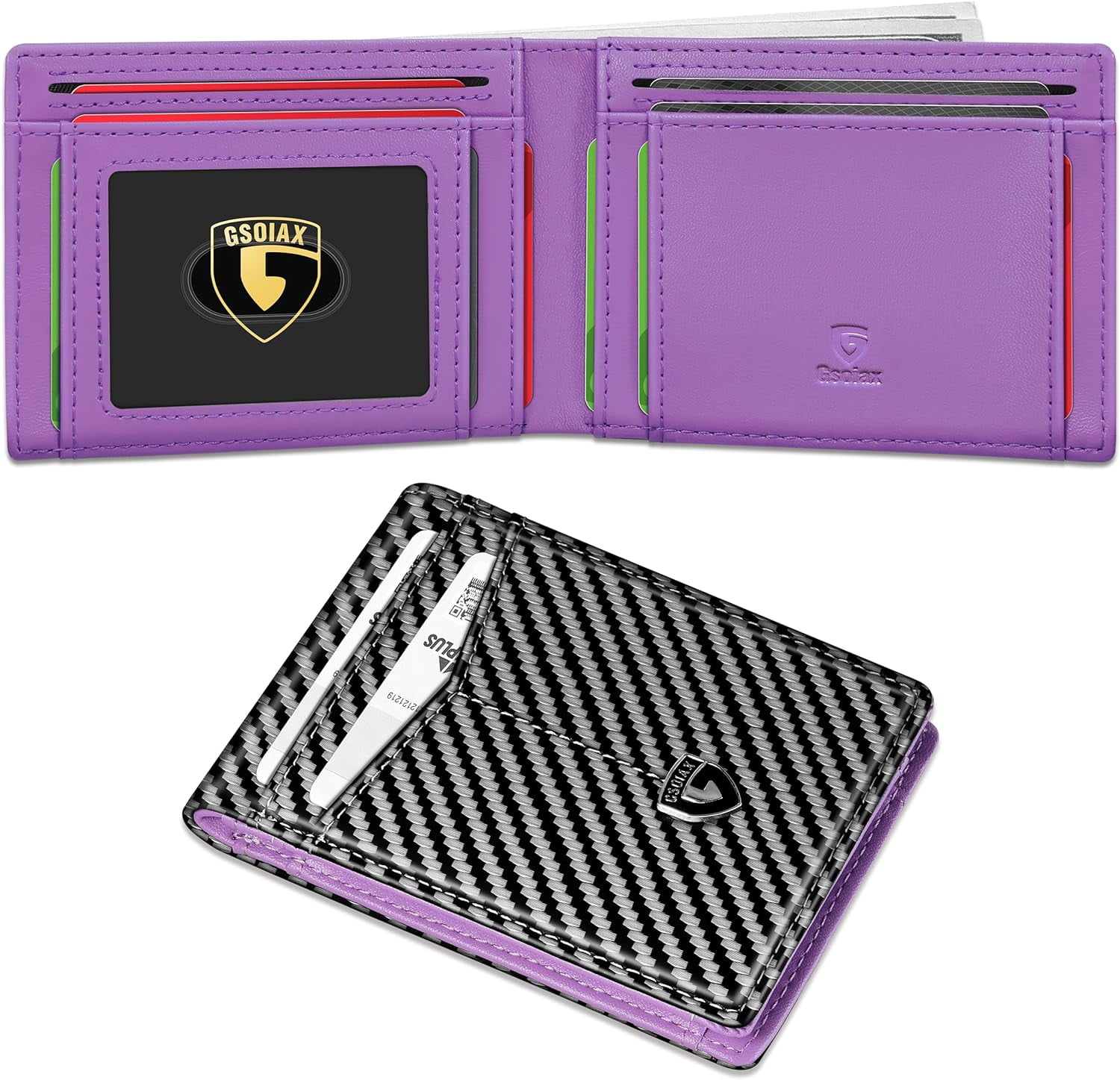 Slim Wallet for Men Leather Carbon Fiber RFID Blocking Minimalist Front ...