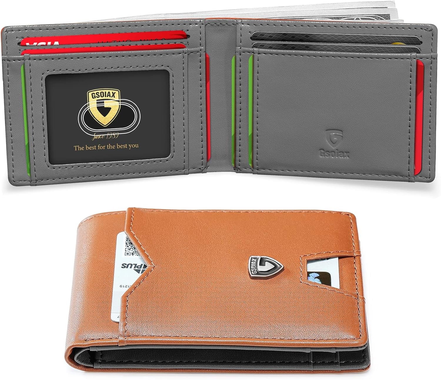 GSOIAX Men's Slim Bifold Wallets, RFID Blocking, Brown and Gray, 1 Pack ...