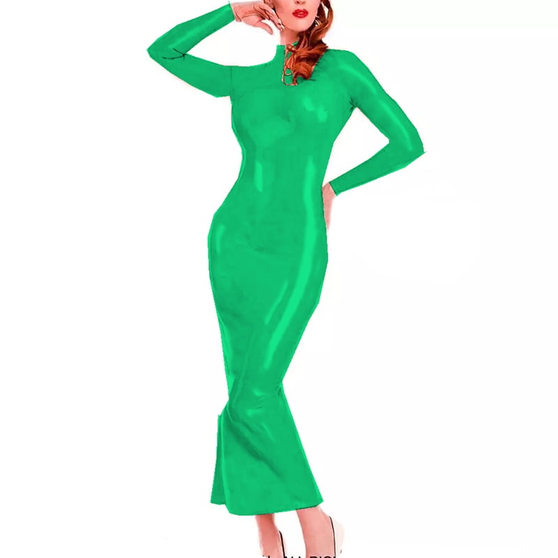 Slim bodycon midi dress for women Vinyl Mock Neck Long Sleeve Fancy ...