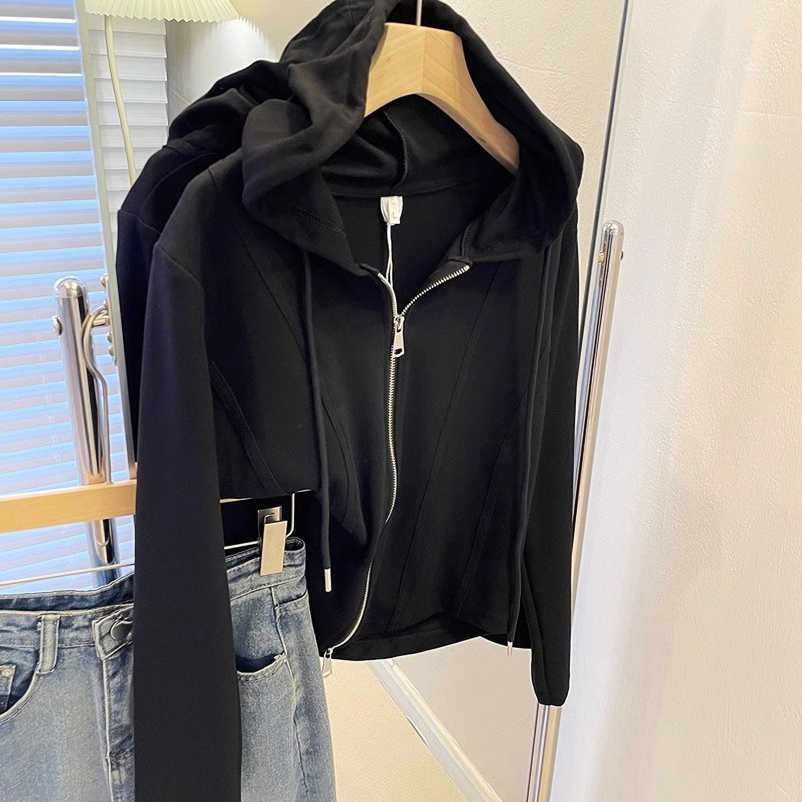 Slim waist cropped double zip hooded cardigan jacket - Walmart.com