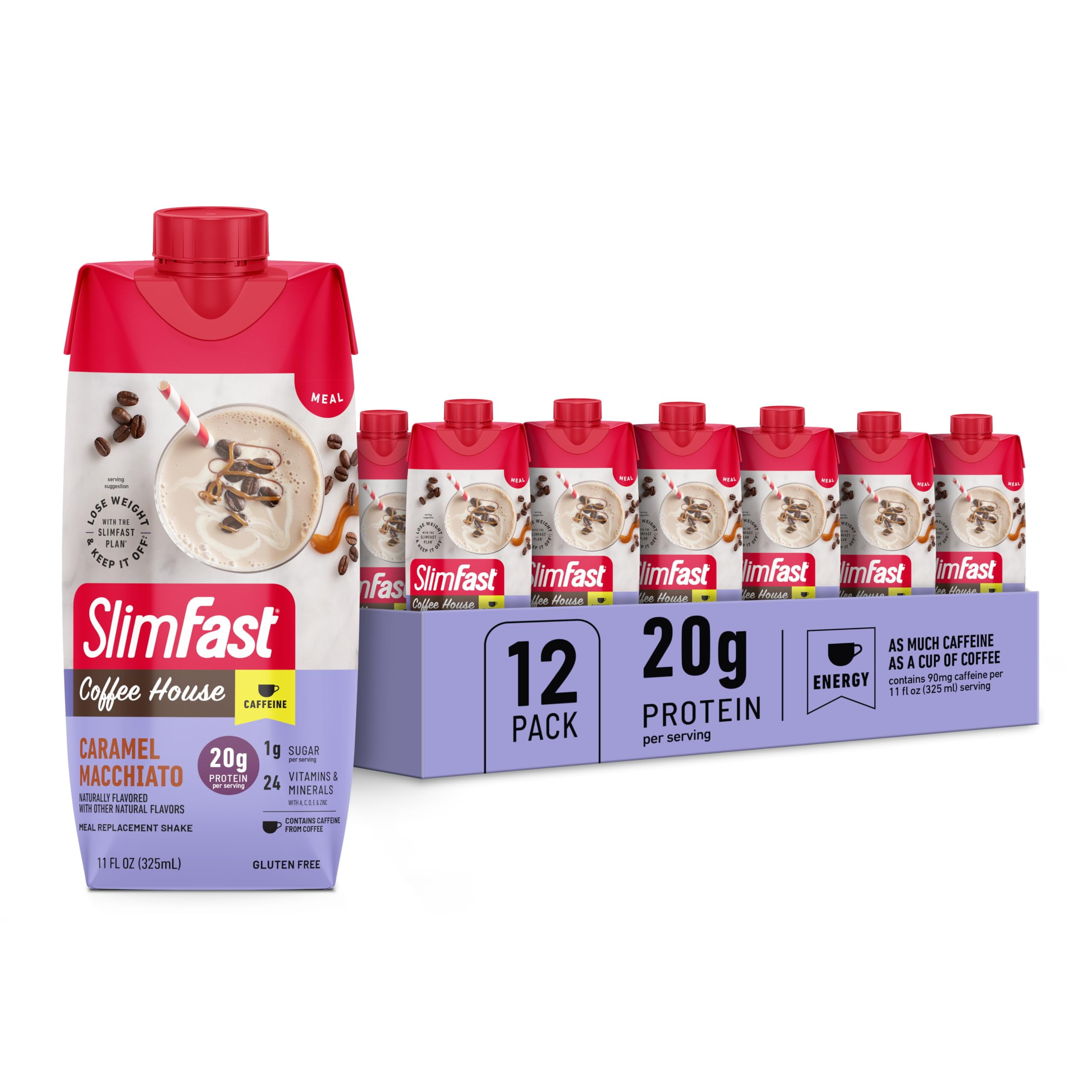 SlimFast Shake, Caramel Macchiato- 20g Protein, Low Carb, Low Sugar, 24 ...