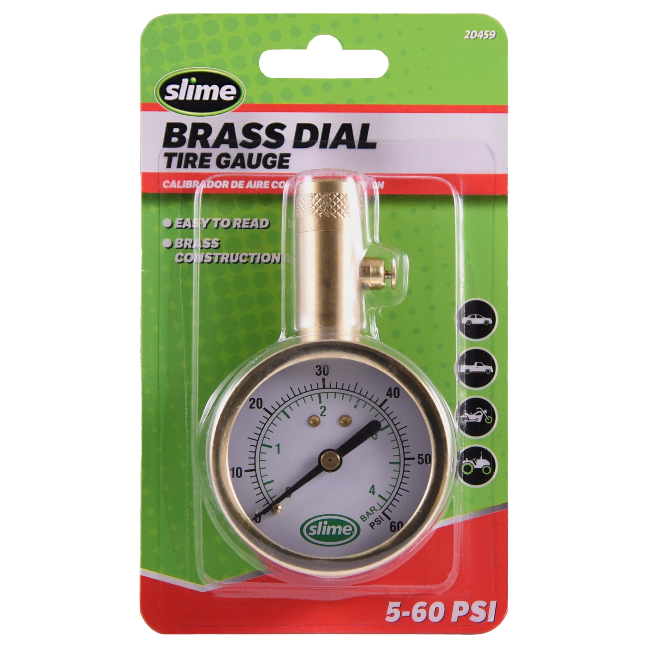 Slime Brass Dial Tire Pressure Gauge 5-60 Psi Gold Color with Bleeder ...