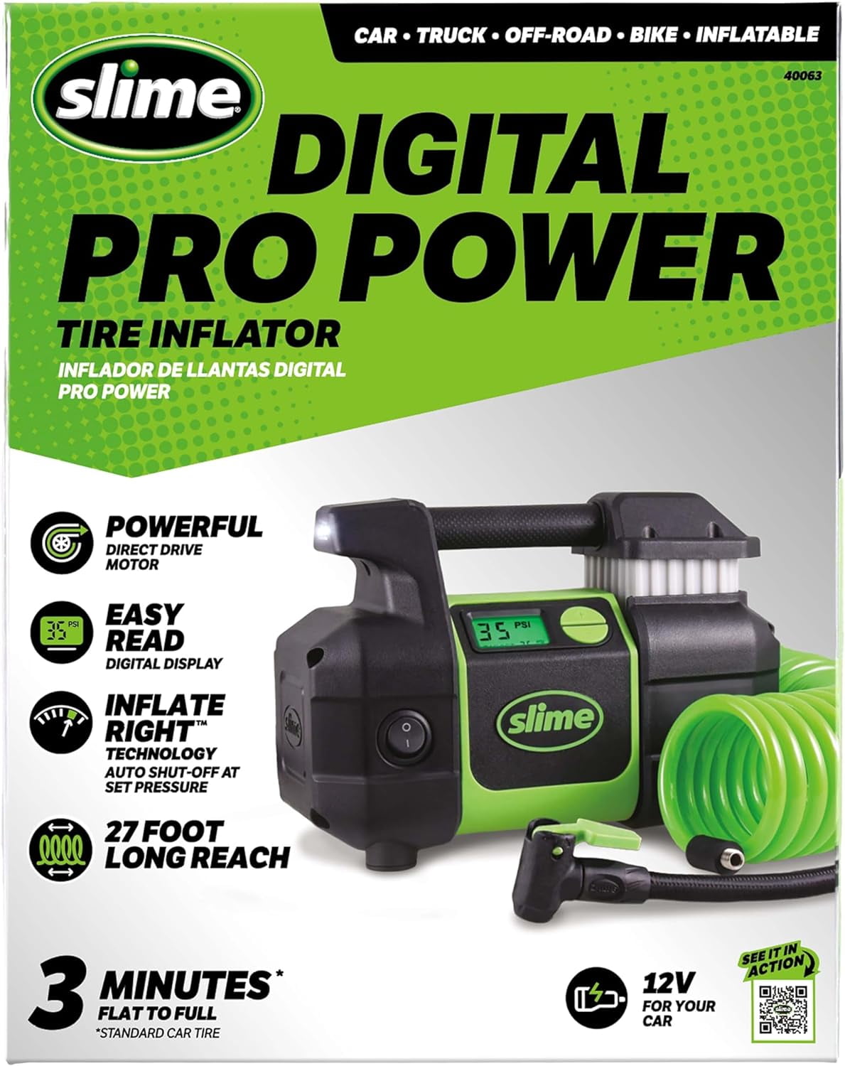 Slime Elite Heavy-Duty 12V Tyre Inflator with Auto Shut Off & LED Light ...