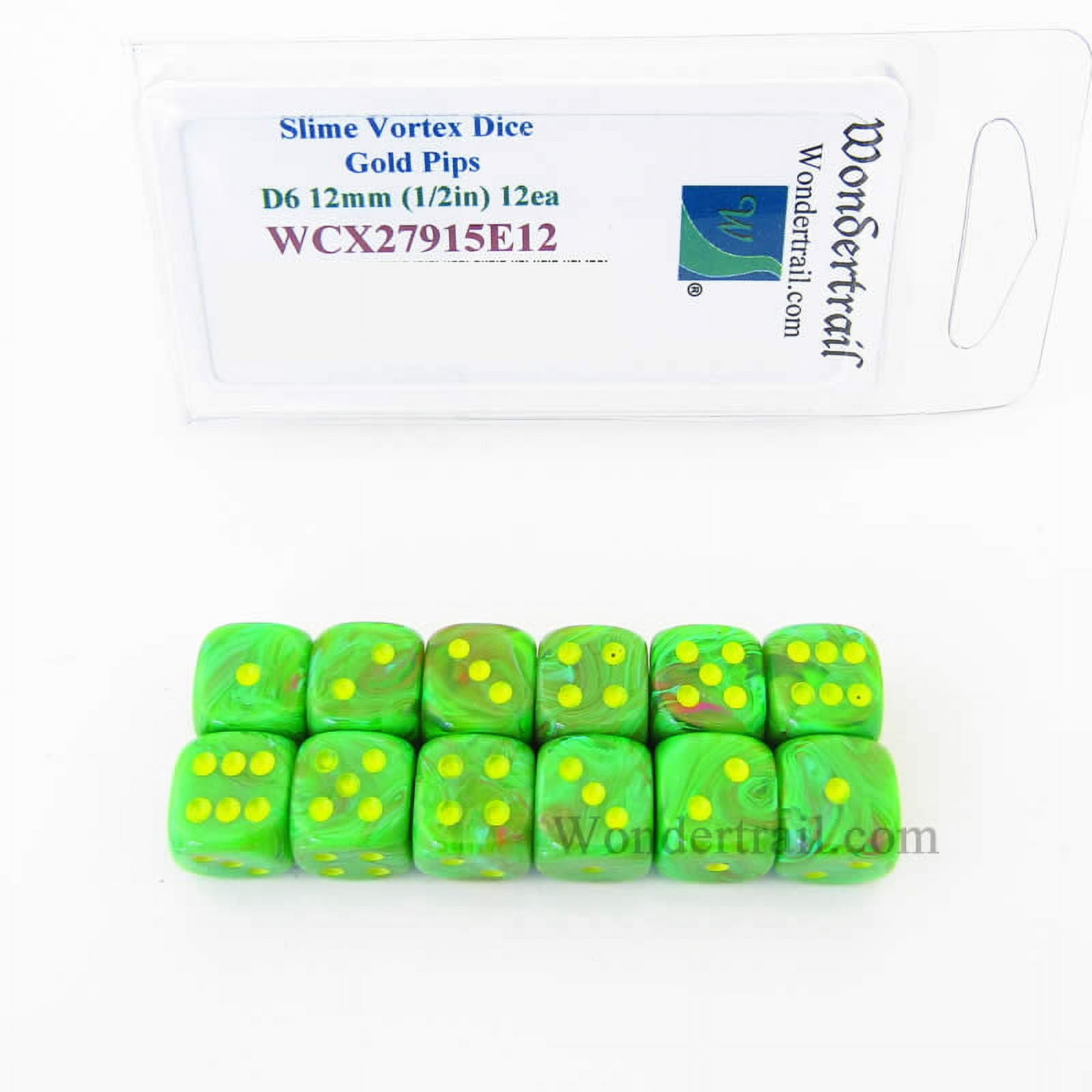 Slime Vortex Dice with Gold Pips 12mm (1/2in) D6 Set of 12 Wondertrail ...