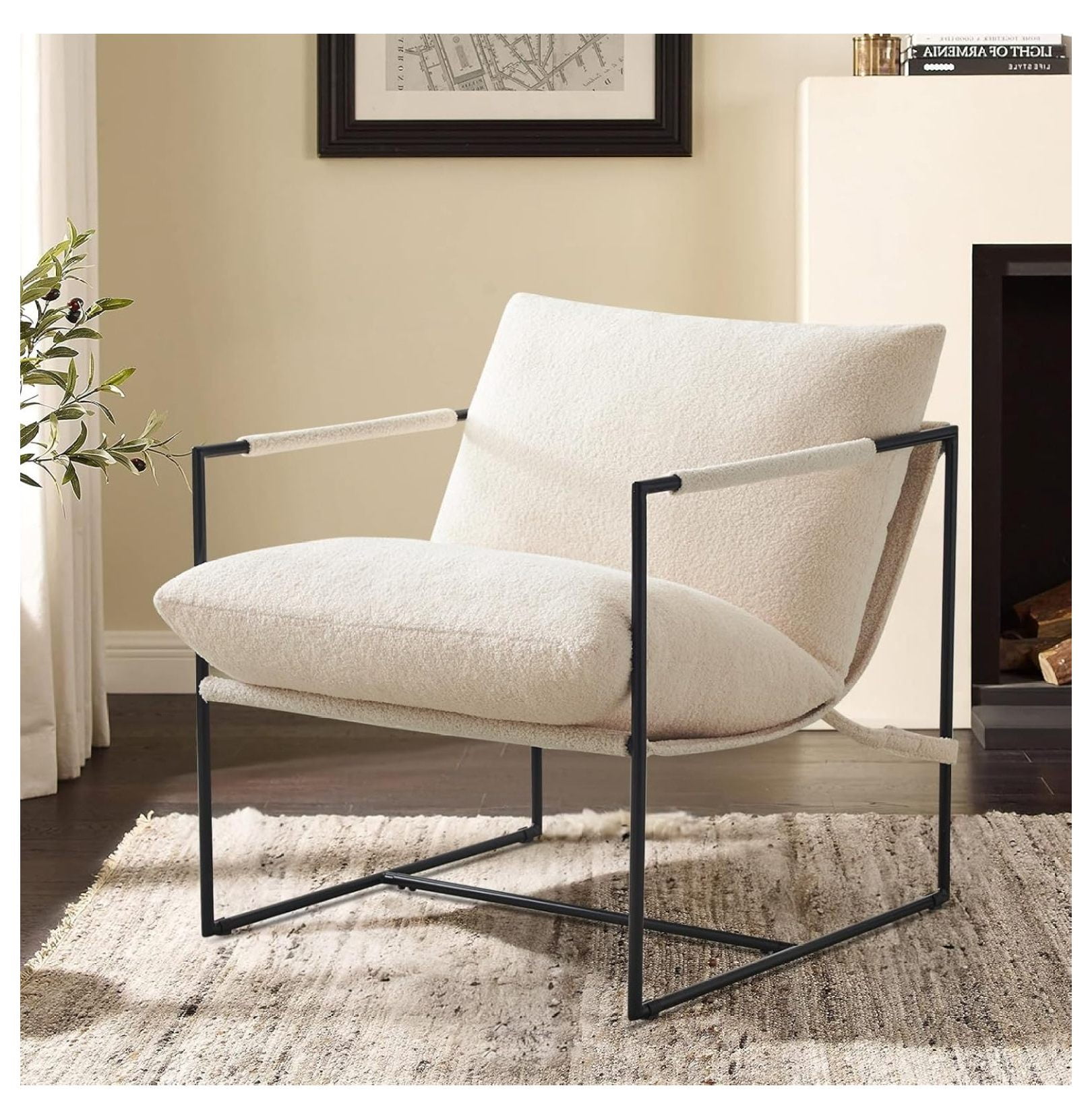 Sling Accent Chair with Metal Frame, Comfortable Boucle Fabric Arm ...