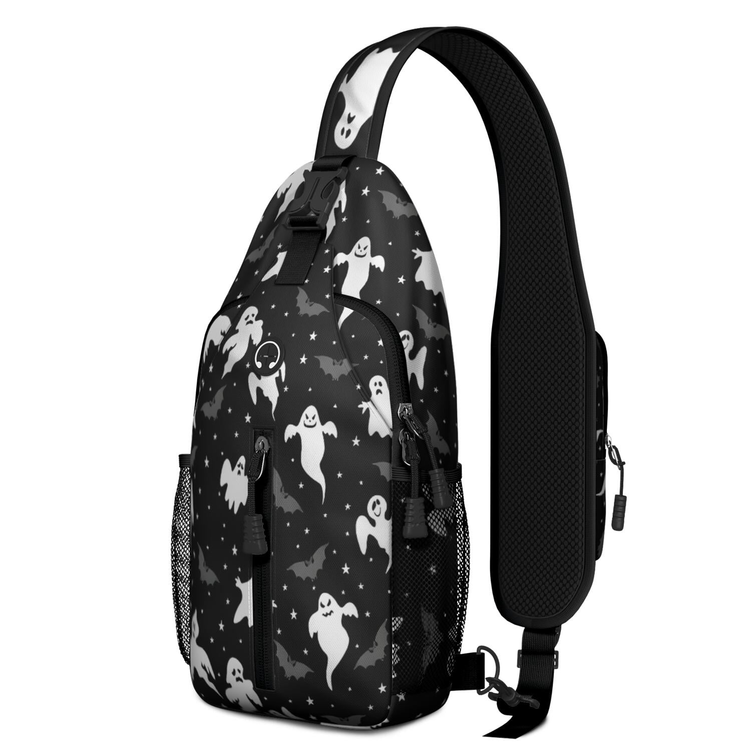 Sling Backpack,Black Halloween Ghosts Bats and Stars Crossbody Bag with ...
