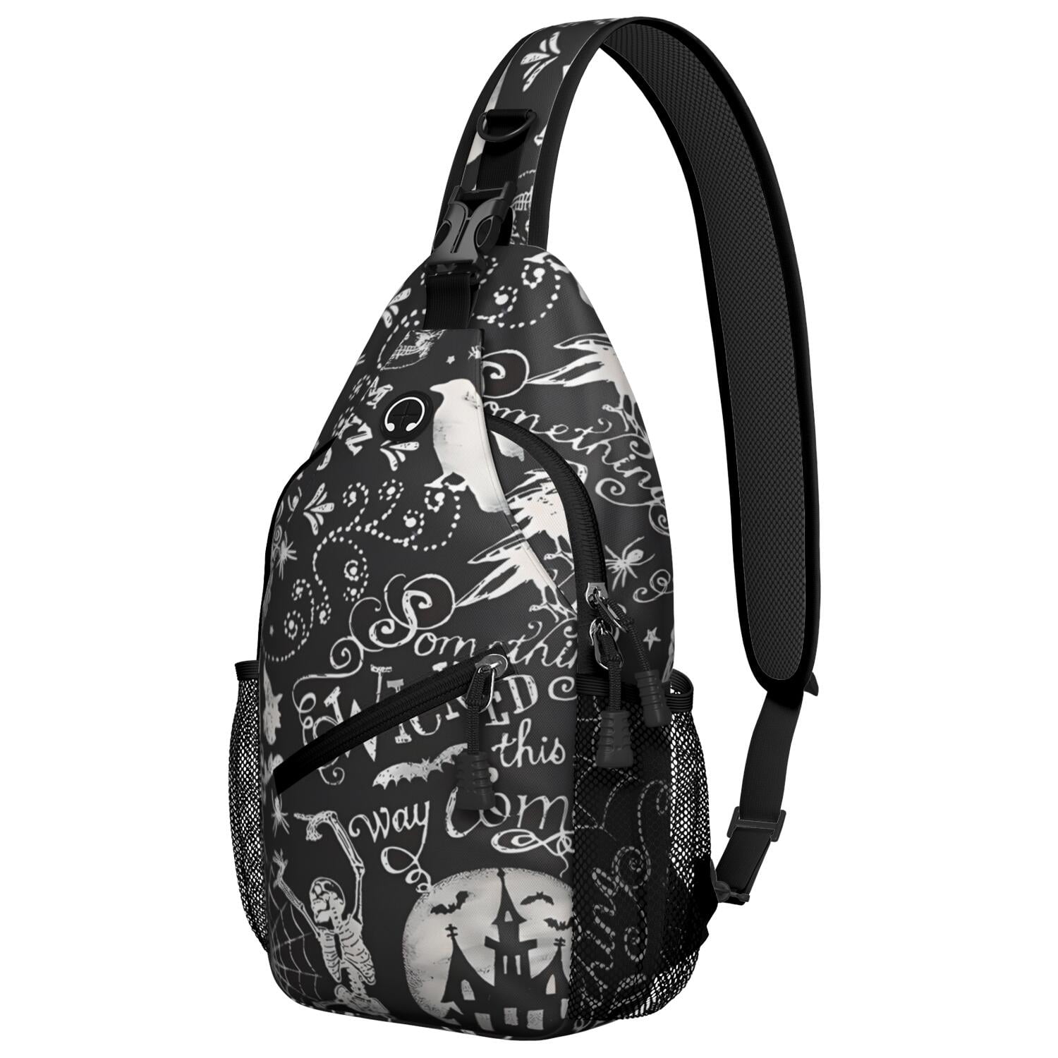 Sling Backpack,Black Halloween Letter Bat Pattern Sling Bag with Water ...