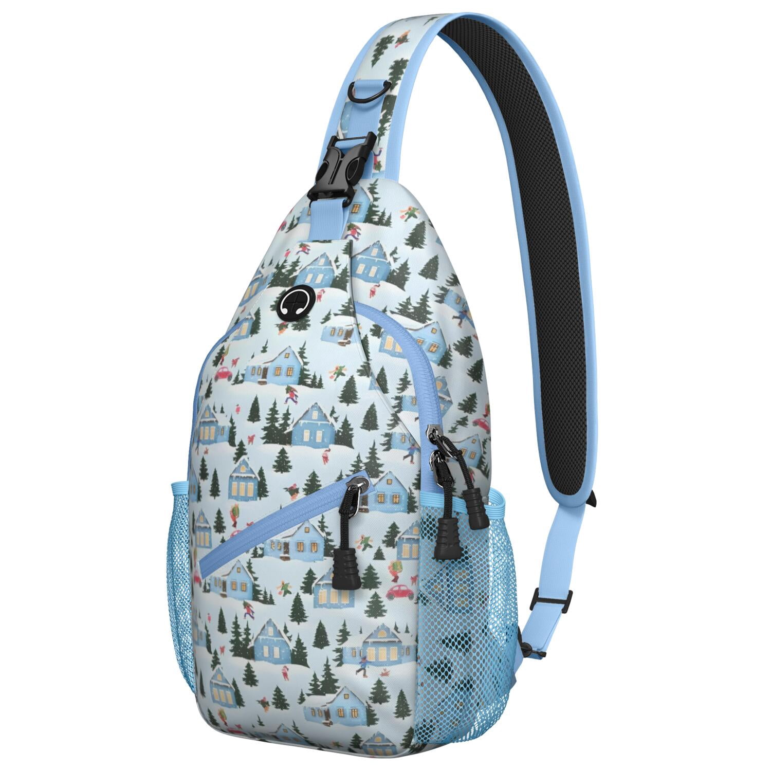 Sling Backpack,Light Blue Christmas House and Tree Pattern Sling Bag ...
