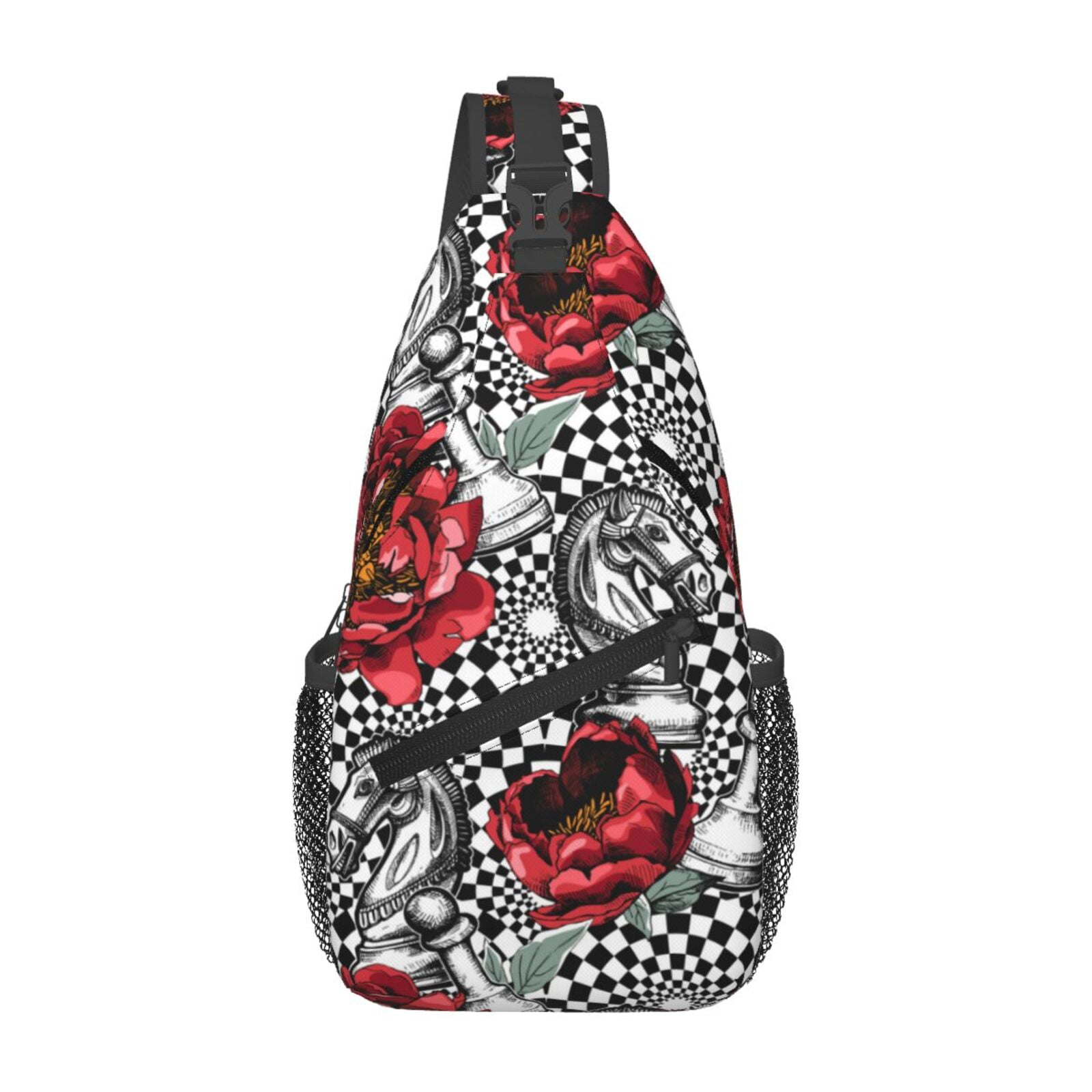 Sling Bag for Men, Red Peony Knight Chess checkered Fanny Pack ...