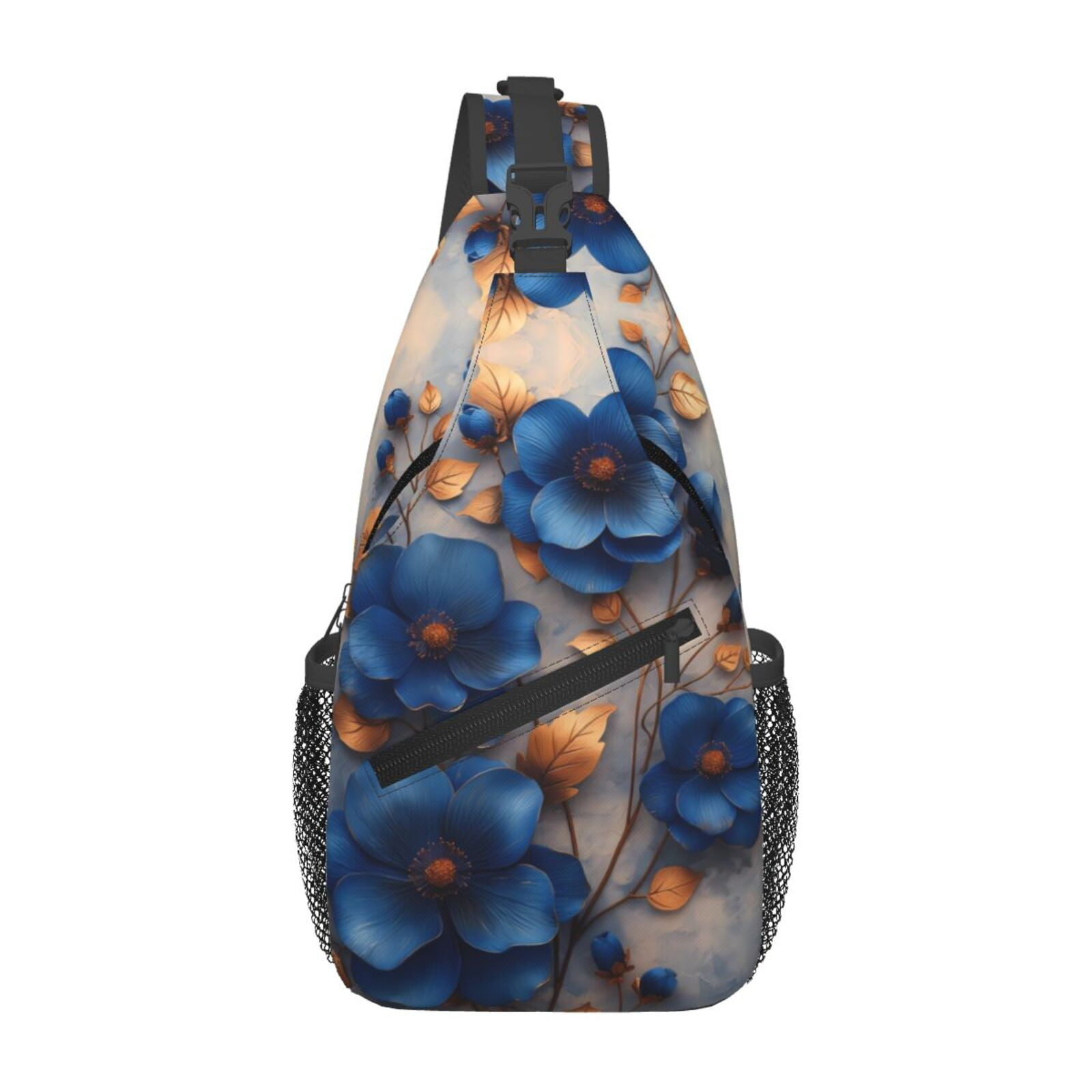 Sling Crossbody Bag for Women and Men Elegant Blue Gold Blooms Small ...