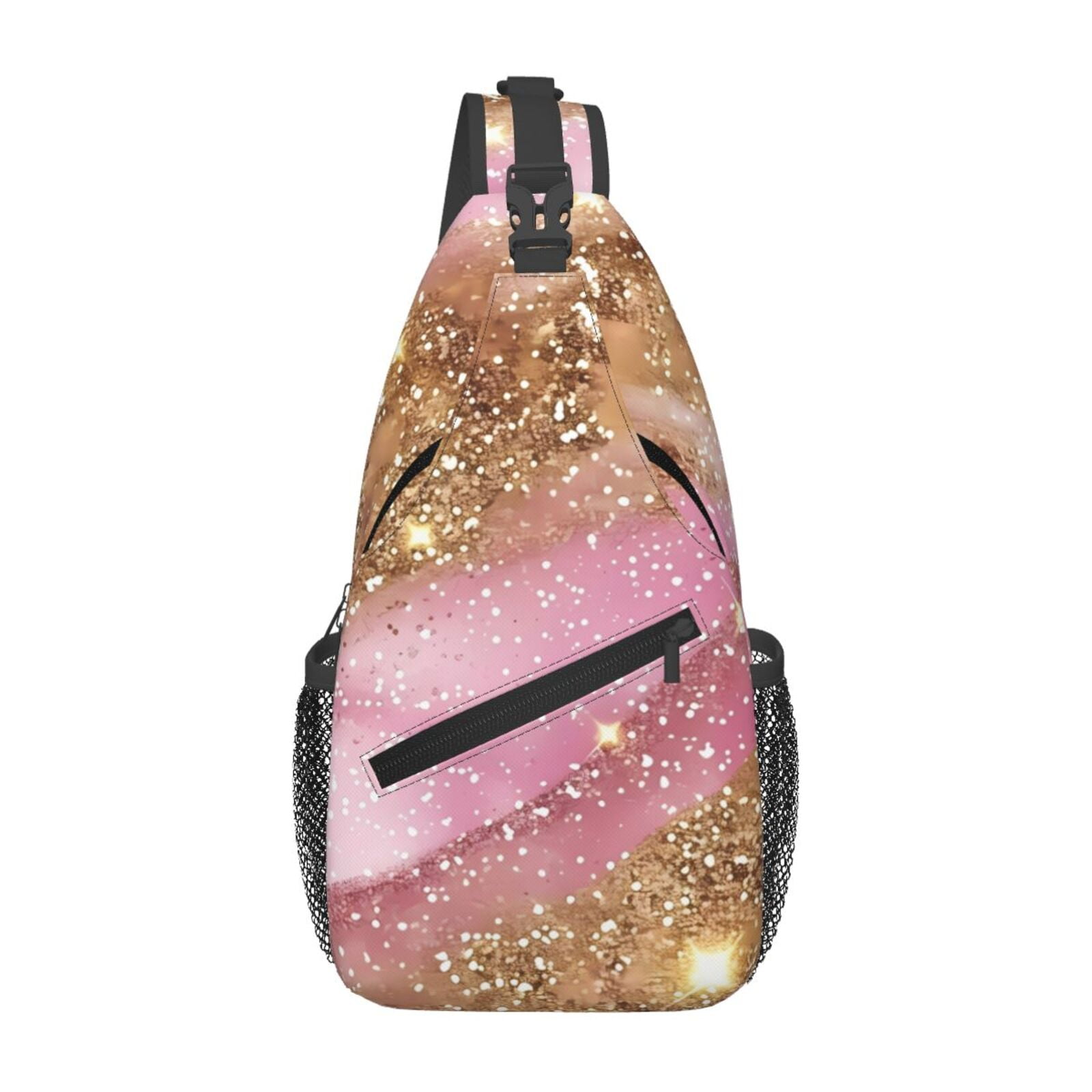 Sling Crossbody Bag for Women and Men Pink and Gold Glam Glitter Small Sling Backpack, Chest Bag ...