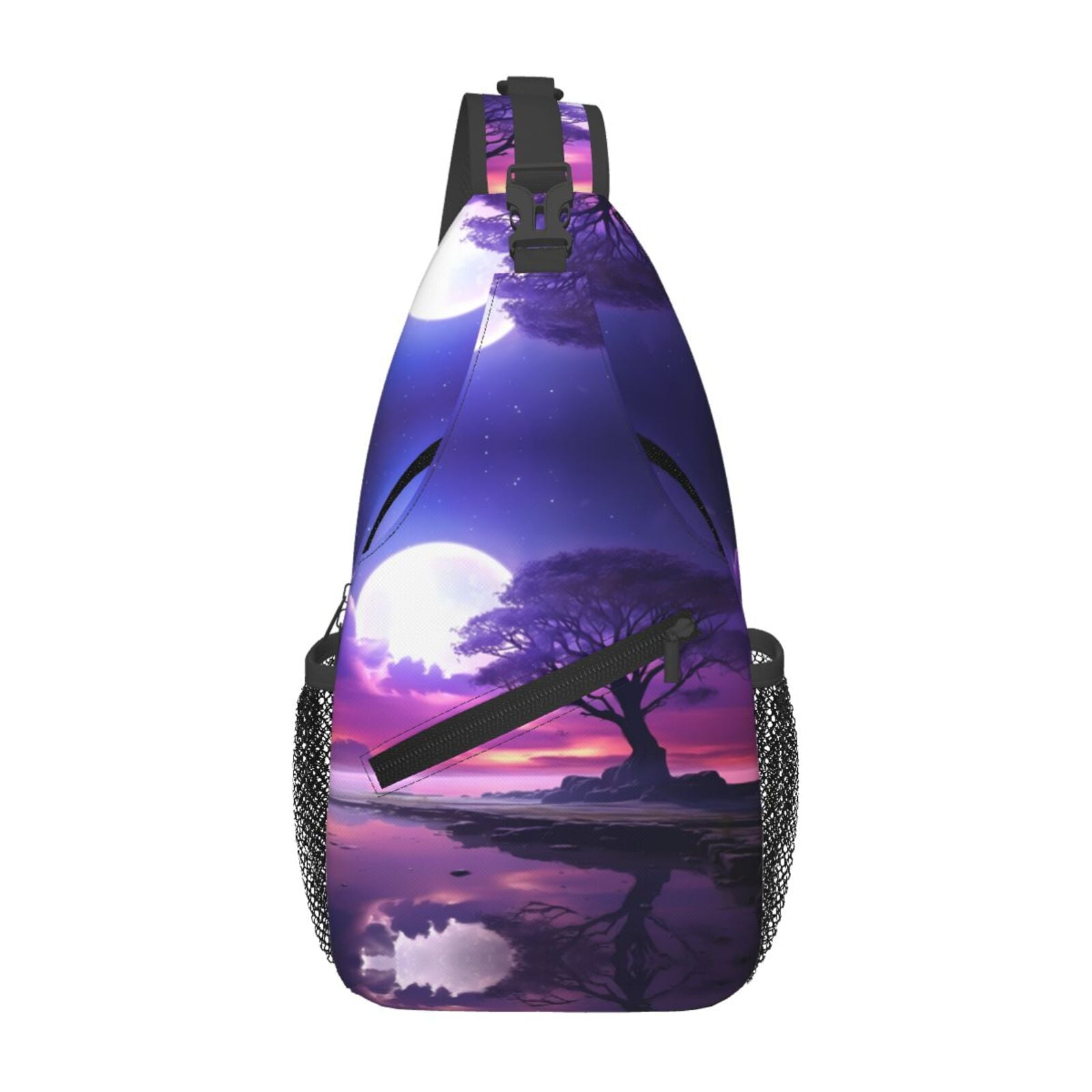 Sling Crossbody Bag for Women and Men Purple Moon Night Sky Tree Small ...