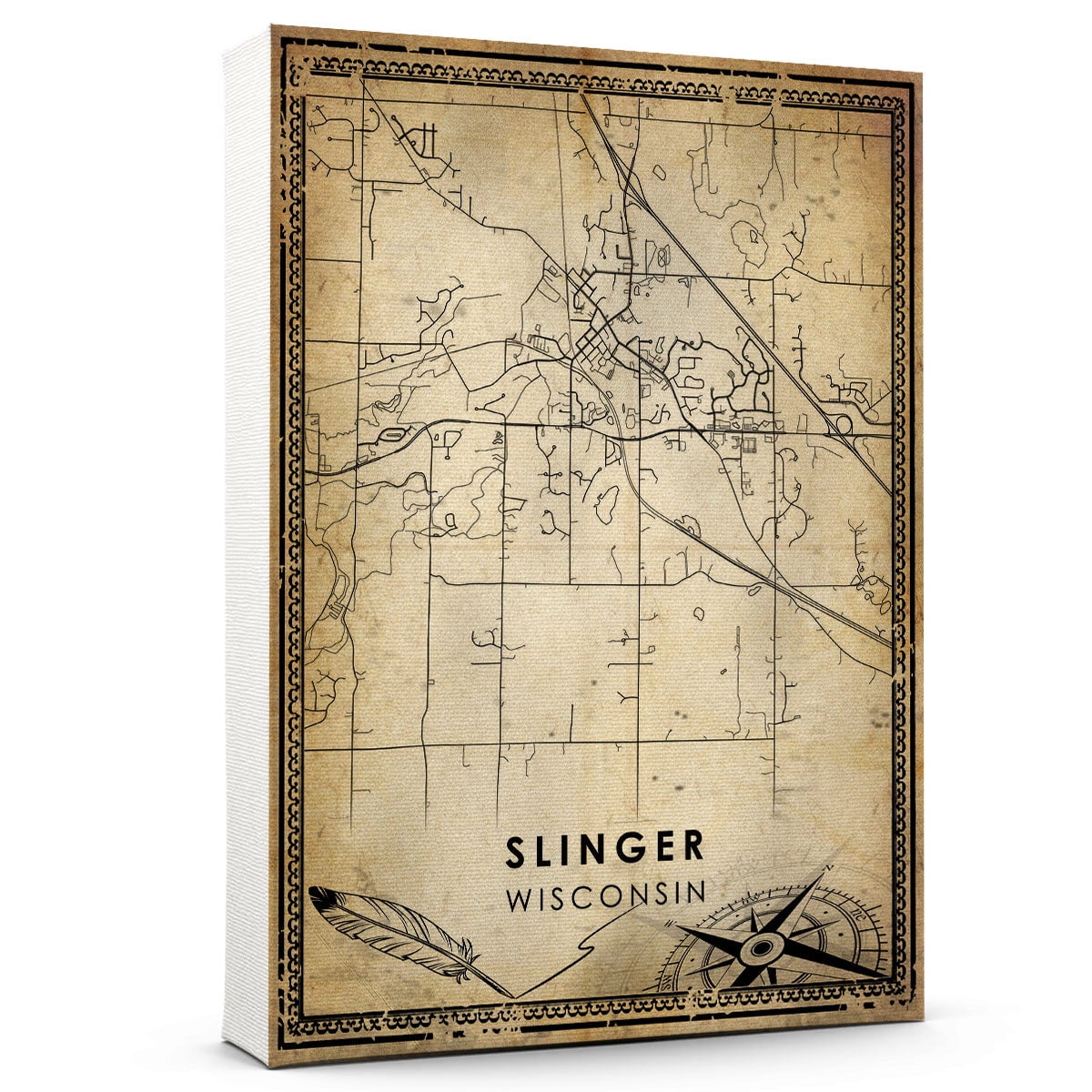 Slinger Vintage Map Prints Canvas, Wisconsin Map Art Canvas, Canvas ...