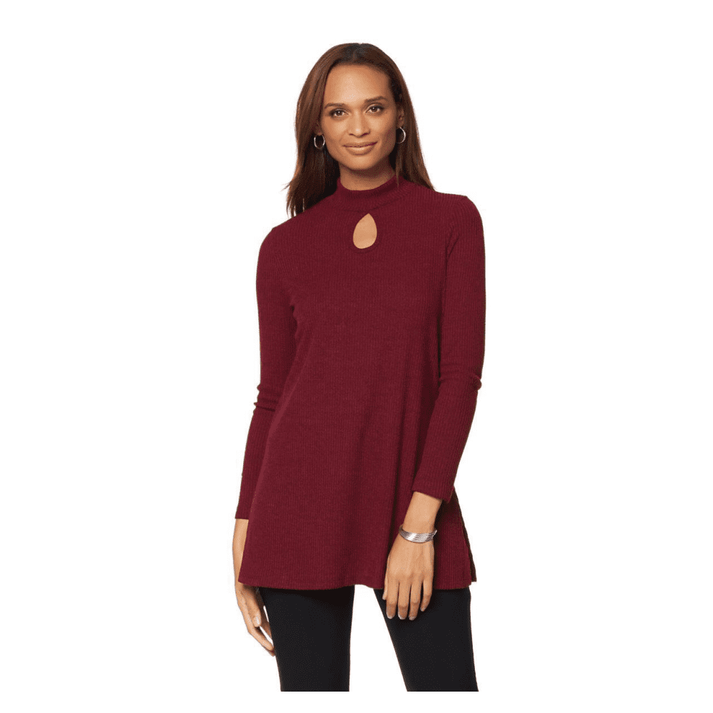 Slinky Brand Long-Sleeve Ribbed Keyhole Tunic in Wine, XS - Walmart.com