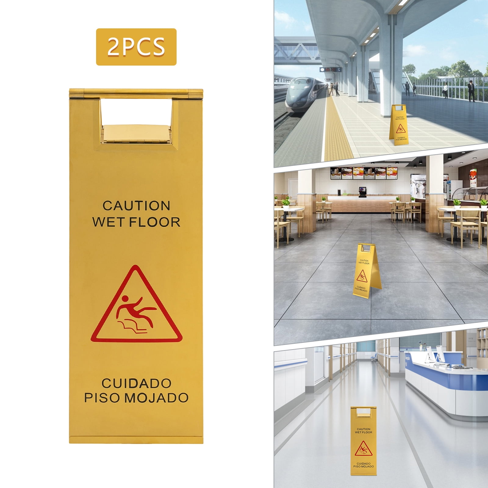 Slip Hazard Wet Floor Sign, Gold Stainless Steel, Bilingual English ...