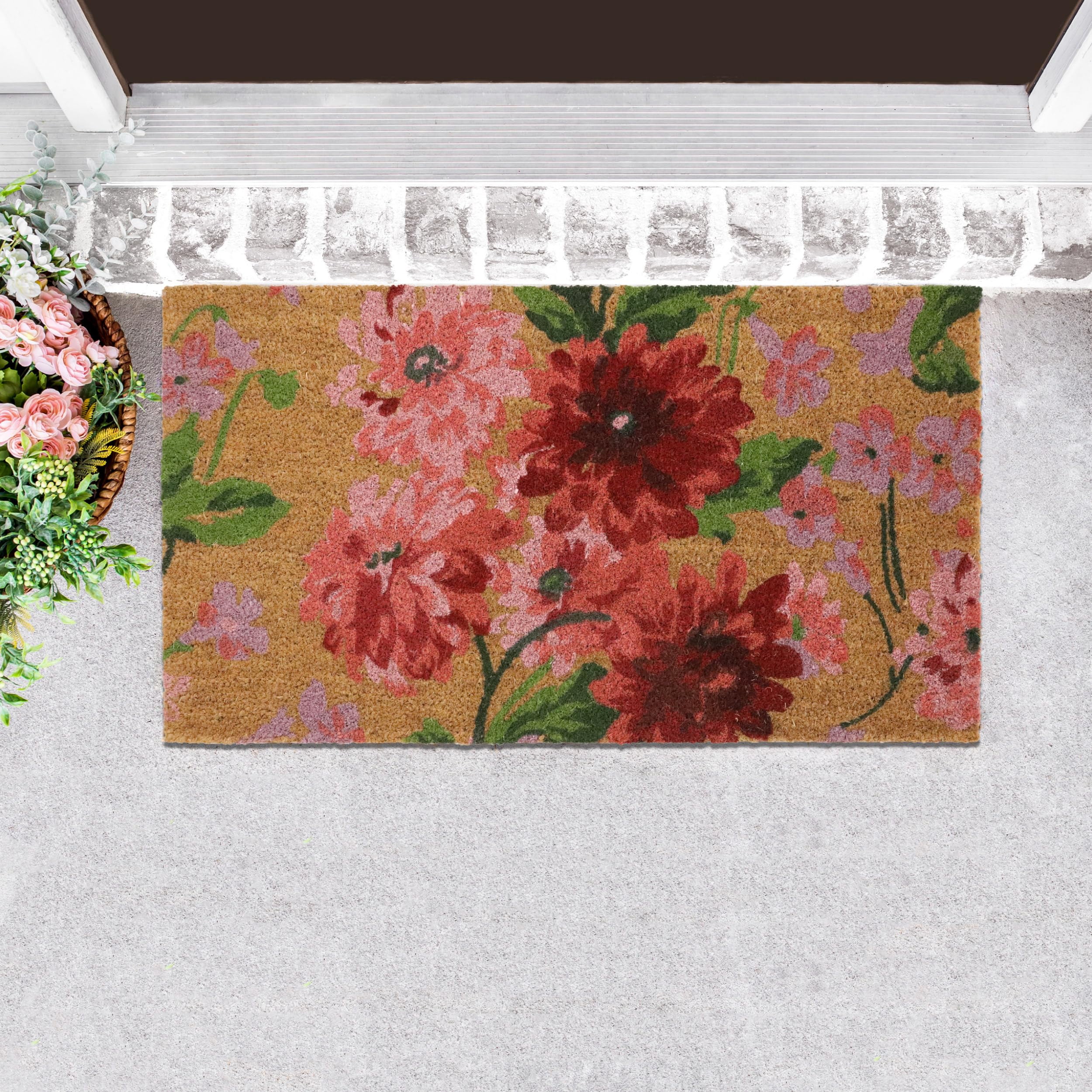 Slip Resistant Dahlia Bouquet Floral Design Coir Doormat - 17.5" x 30 ...