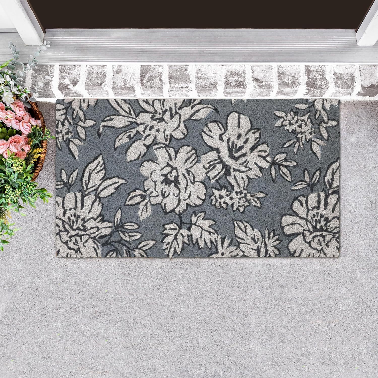 Slip Resistant Light Blue Iris Floral Design Coir Doormat - 17.5" x 30 ...
