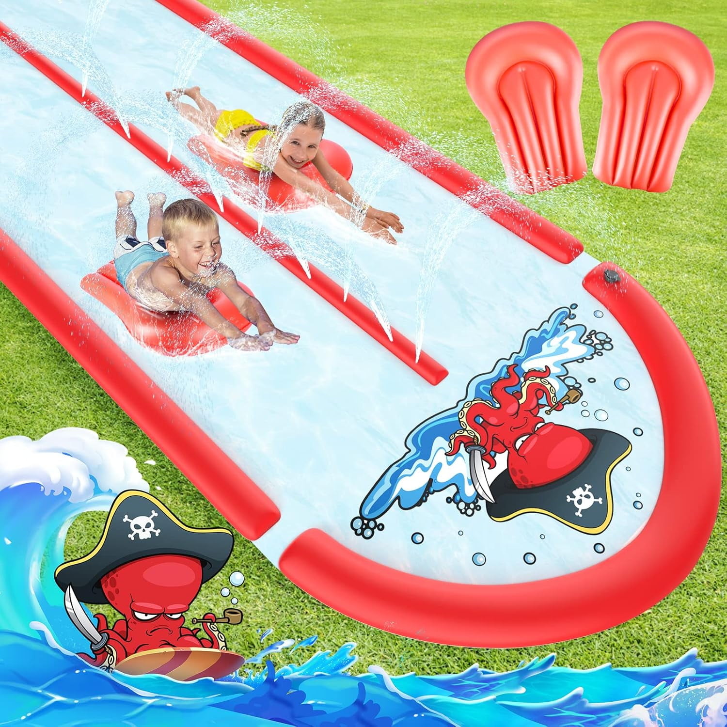 Slip and Slide Lawn Water Slide with 2 Bodyboards, 20FT Slip n Slide Heavy Duty Double Lane for ...