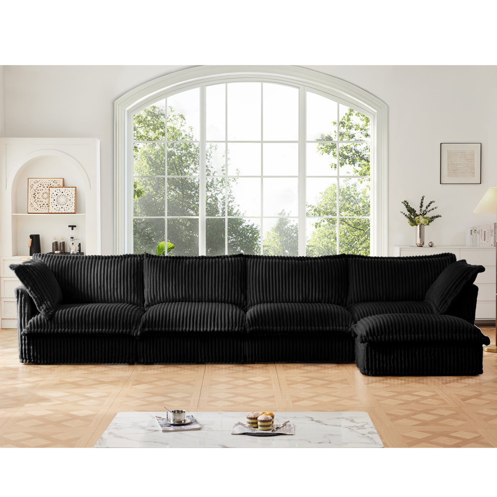 Slipcovered L Shape Sectional Long Sofa Couch, 4 Seater Sofa with Suppleness Armrests,Deep Seat ...