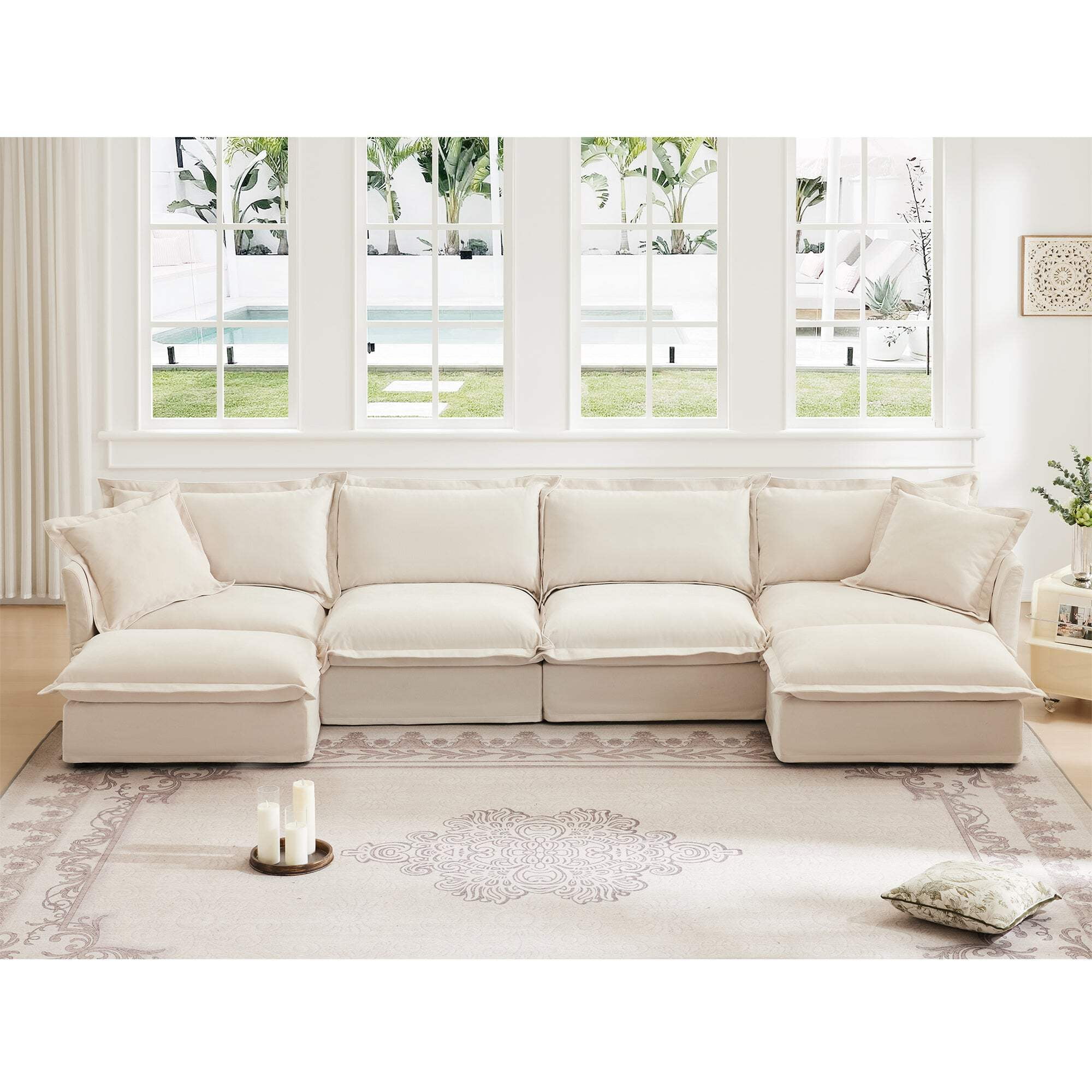 Slipcovered U Shape Sectional Wide and Deep Seat Sofa Couch, 4 Seater Sofa with French Edges ...