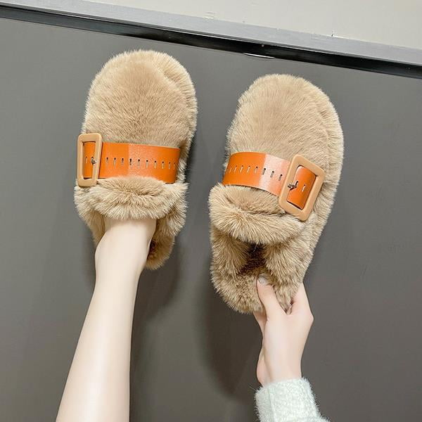 Slippers Fashion Cover Toe Fur Flip Flops Flat Plush Fabric House Slipp ...