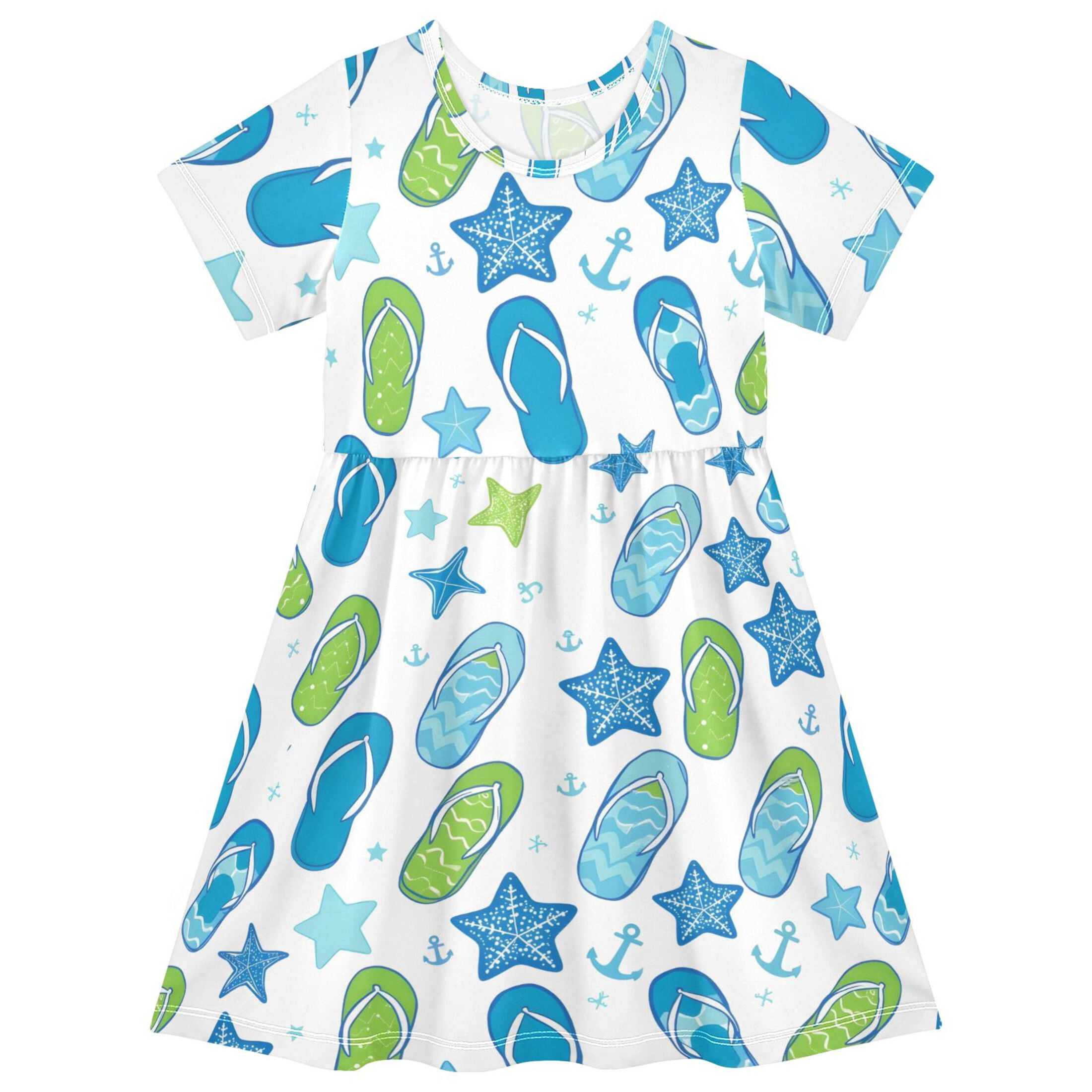 Slippers Stars Short Sleeve Dress A-Line Cute Midi Casual Sundress 2-8 ...