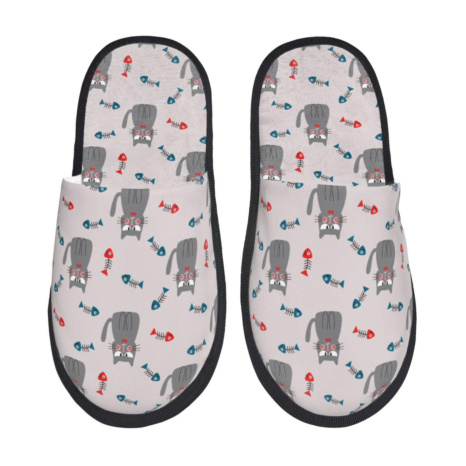 Slippers for Women Men, Abstract Cute Cat And Fish Bones Warm Womens ...
