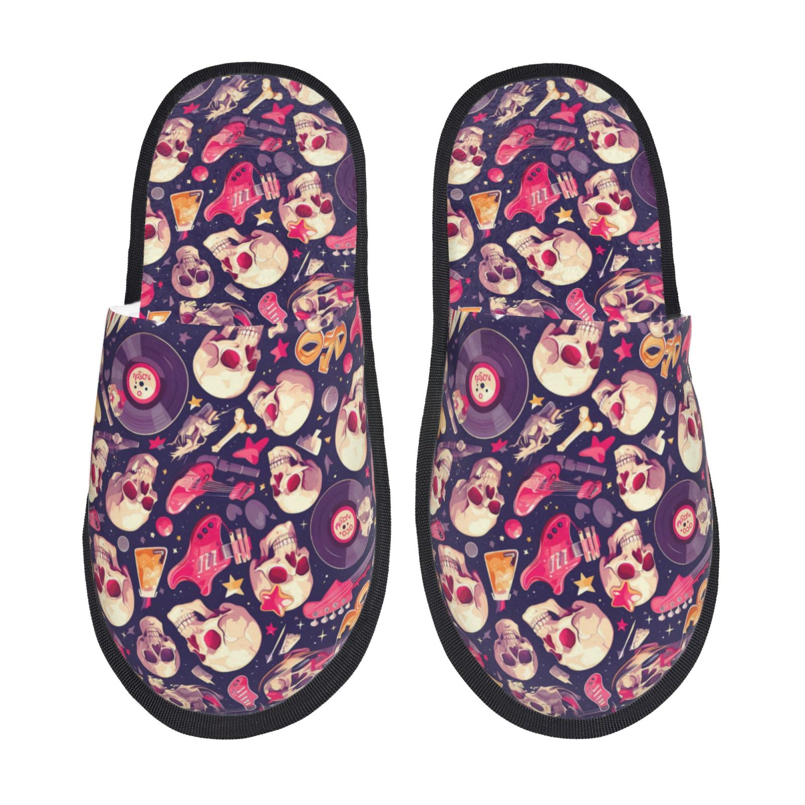 Slippers for Women Men, music Skull record Guitar Warm Womens Mens ...