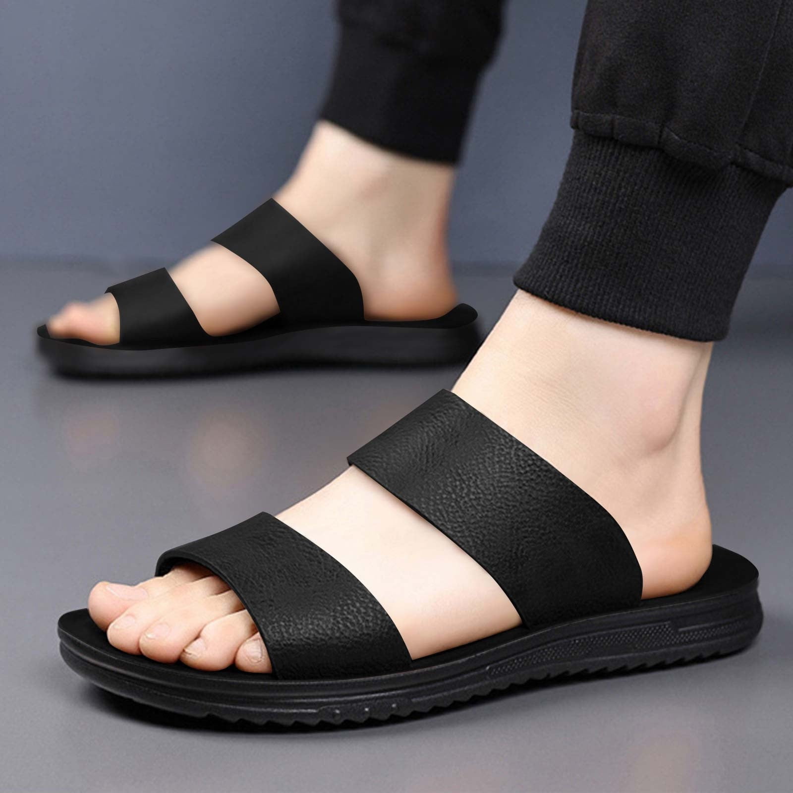 Slippers for Men Fashion Casual Open Toe Top Layer Cowhide Soft Sole ...